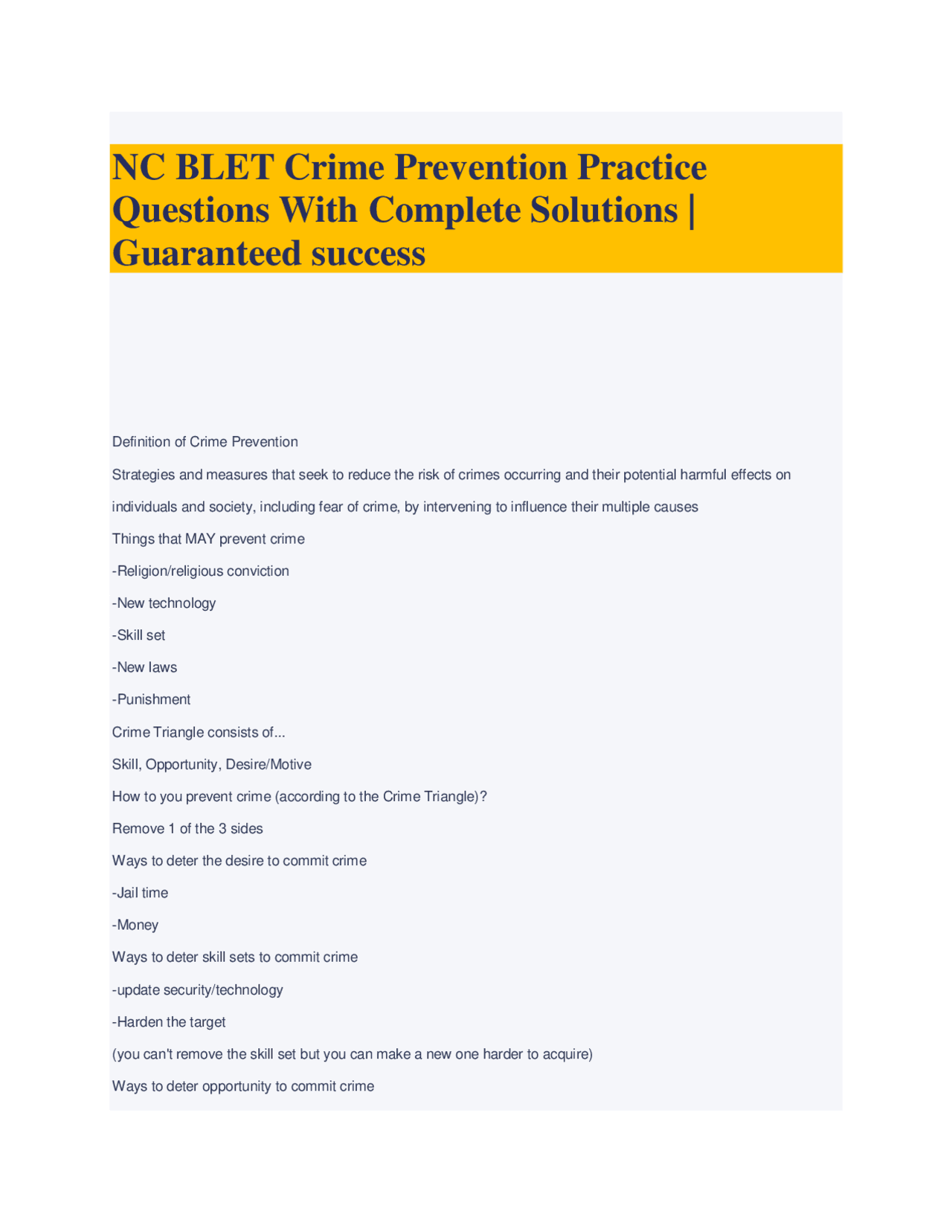 NC BLET Crime Prevention Practice Questions With Complete Solutions ...