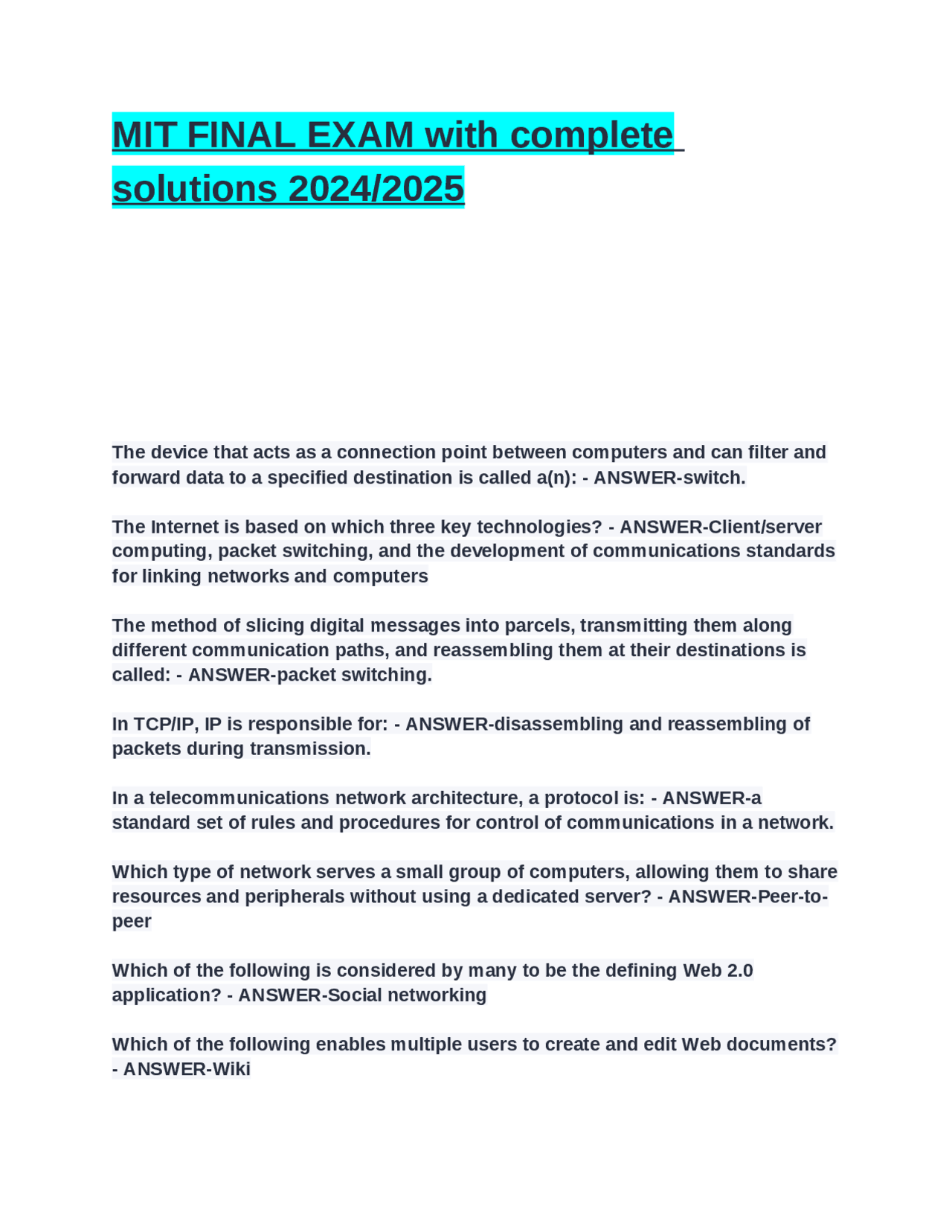 MIT Final Exam with Complete Solutions 2024/2025 | Exams Computer ...