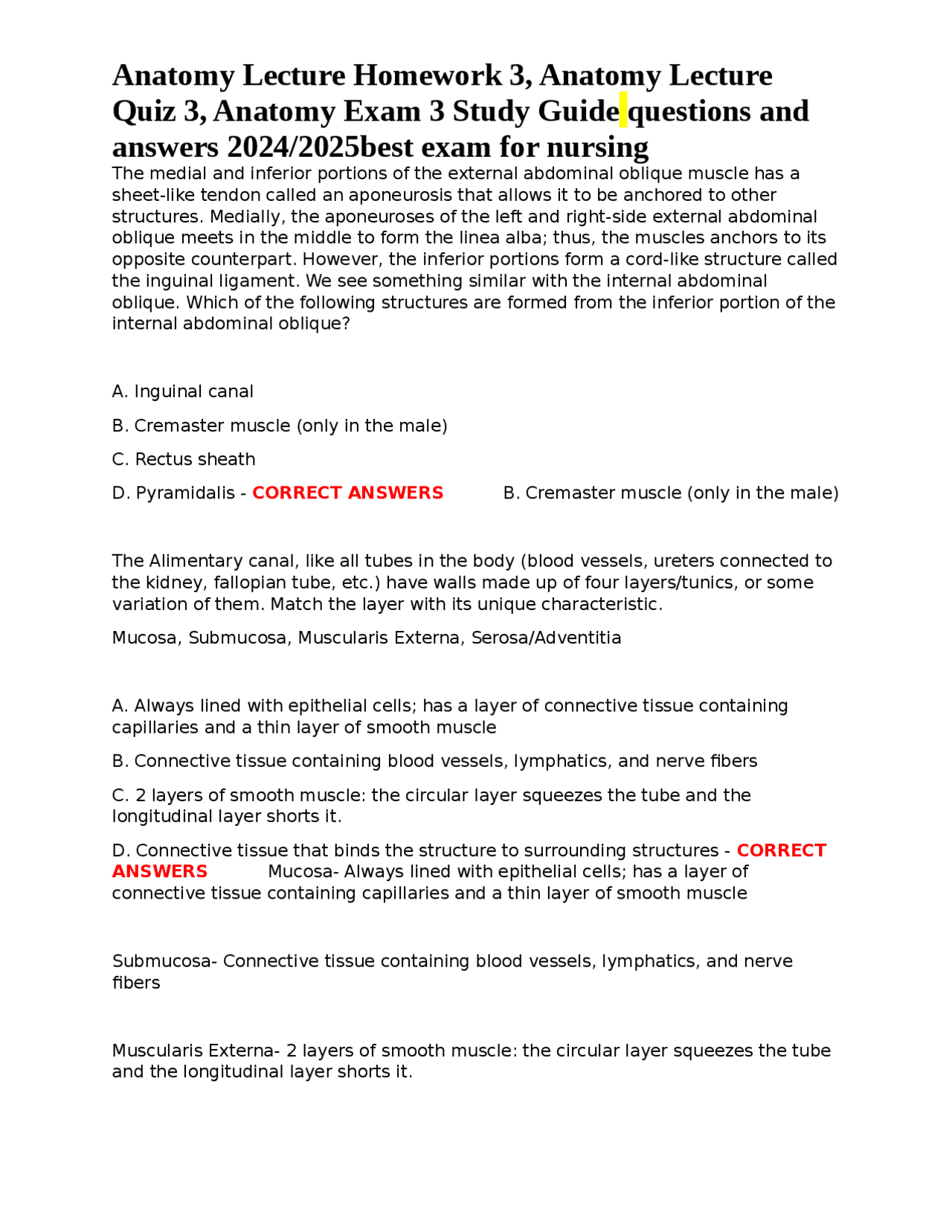 Anatomy Lecture Homework 3, Anatomy Lecture Quiz 3, Anatomy Exam 3 Study Guide | Exams Nursing ...