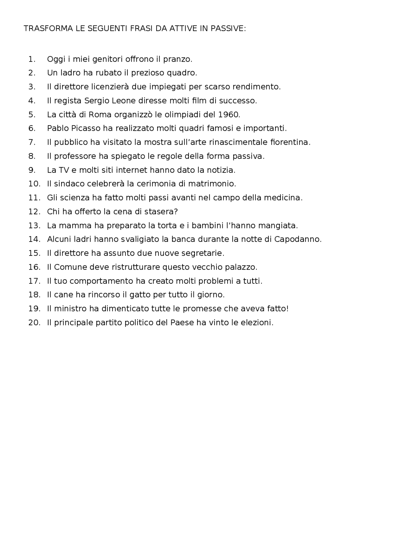 Frasi attive e passive | Esercizi di Italiano | Docsity