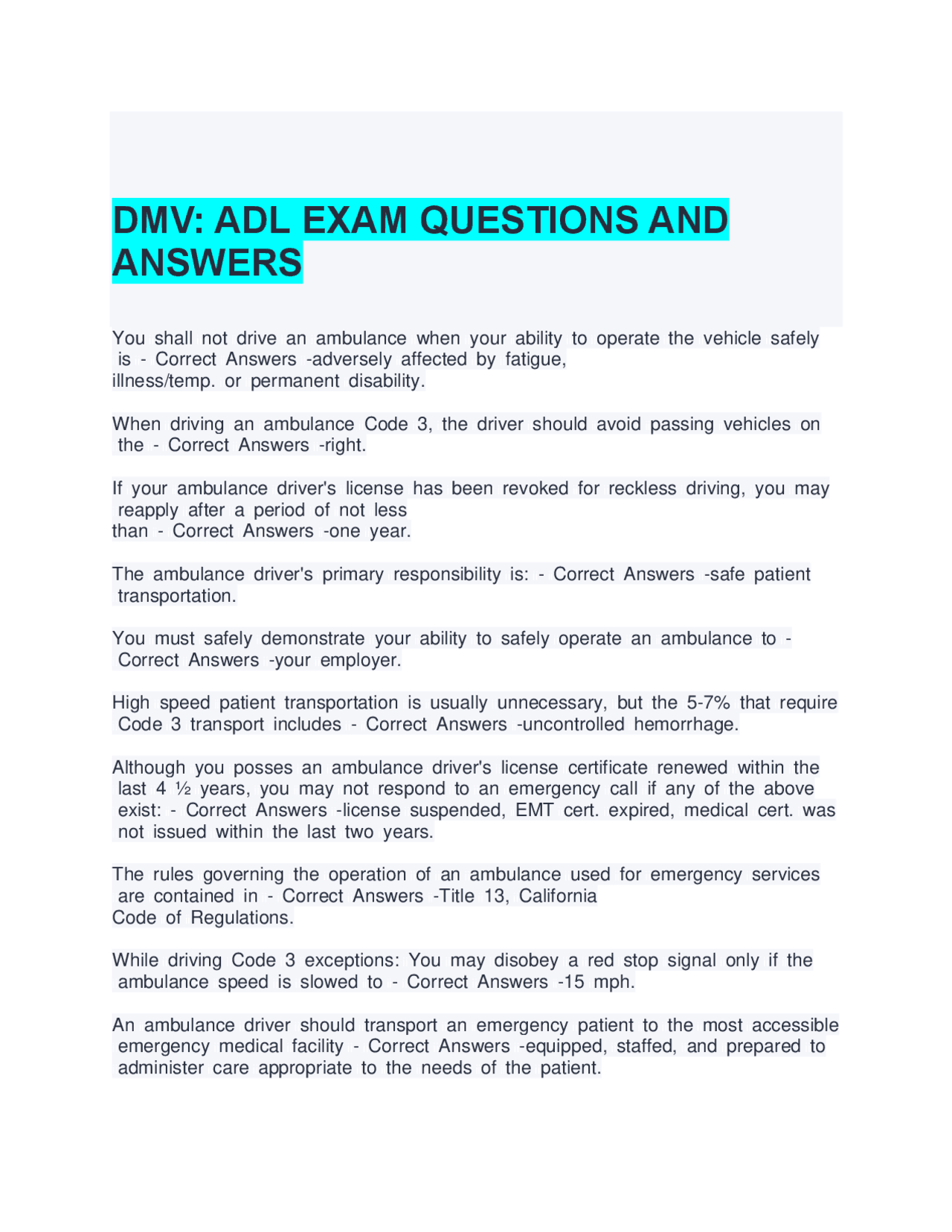 DMV ADL EXAM QUESTIONS AND ANSWERS | Exams Nursing | Docsity