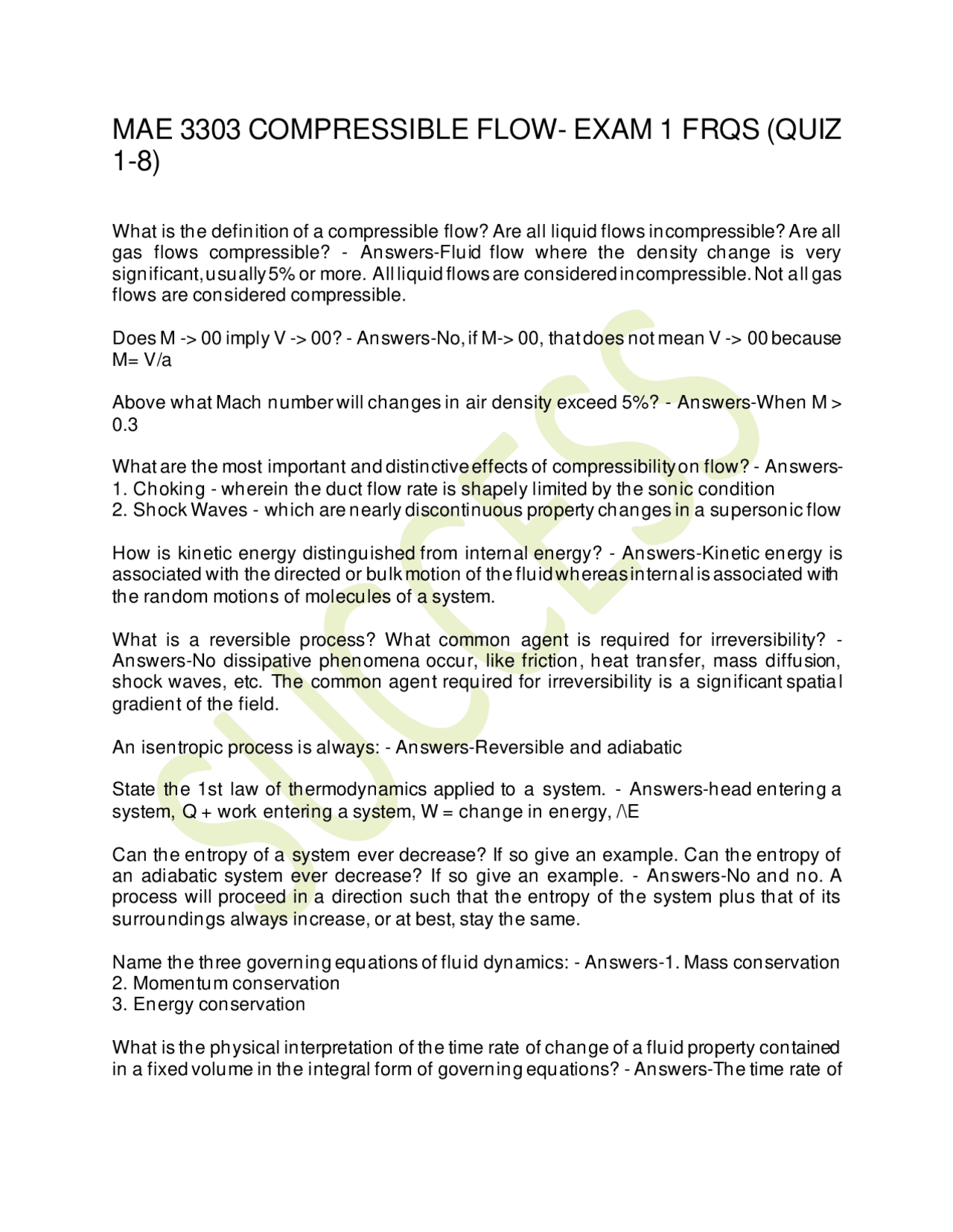 Compressible Flow Exam Review | Exams Nursing | Docsity