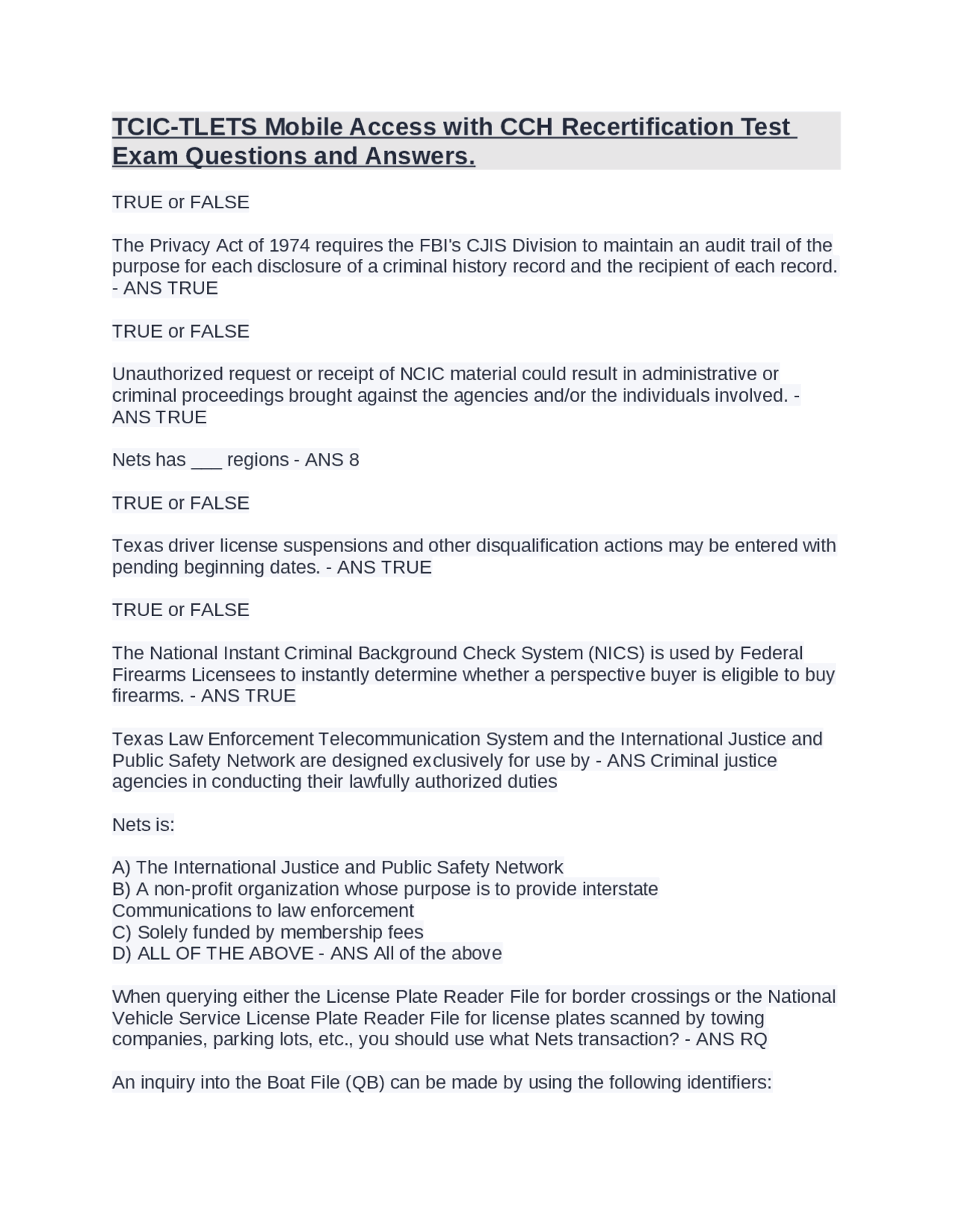 TCIC-TLETS Mobile Access with CCH Recertification Test | Exams Internet ...