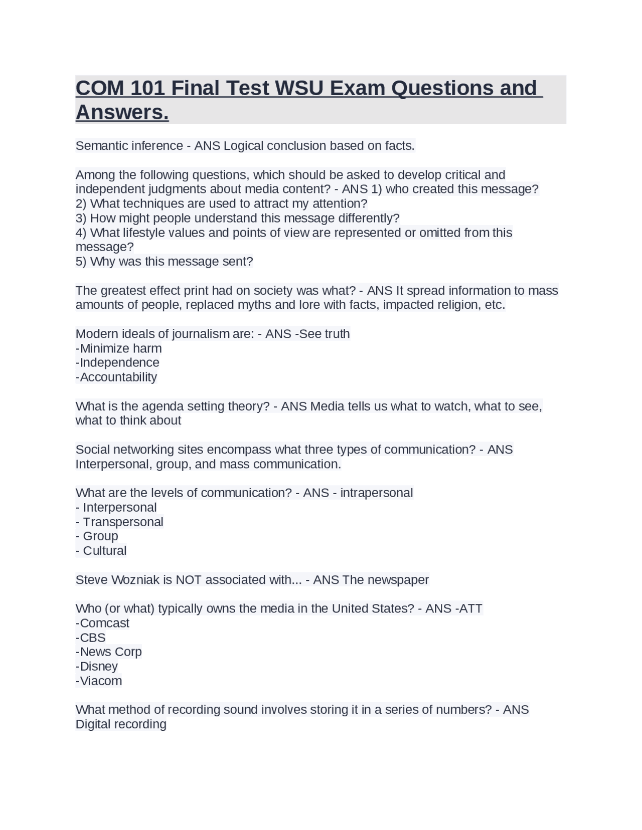 COM 101 Final Exam: Media Literacy and Communication Theories | Exams Data Communication Systems ...