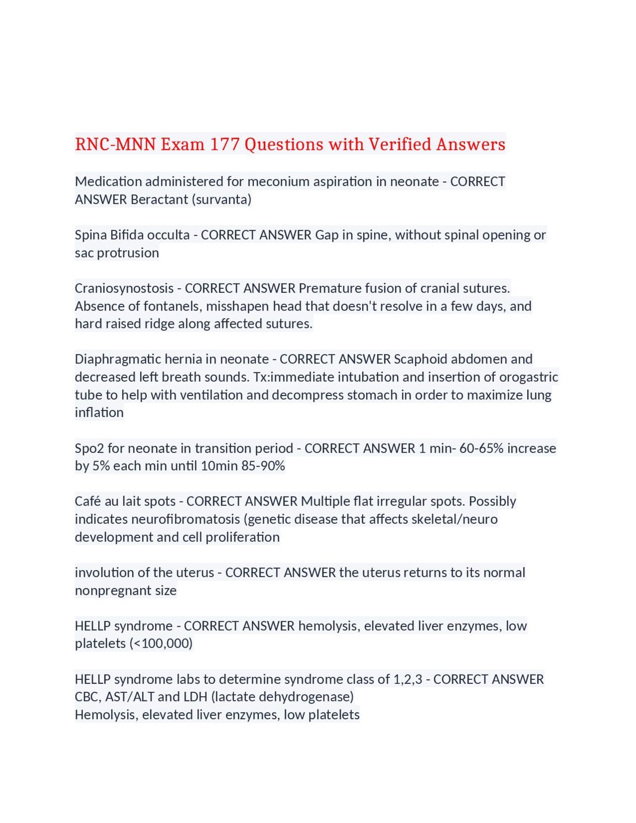 RNC-MNN Exam 177 Questions with Verified Answers,100% CORRECT | Exams ...