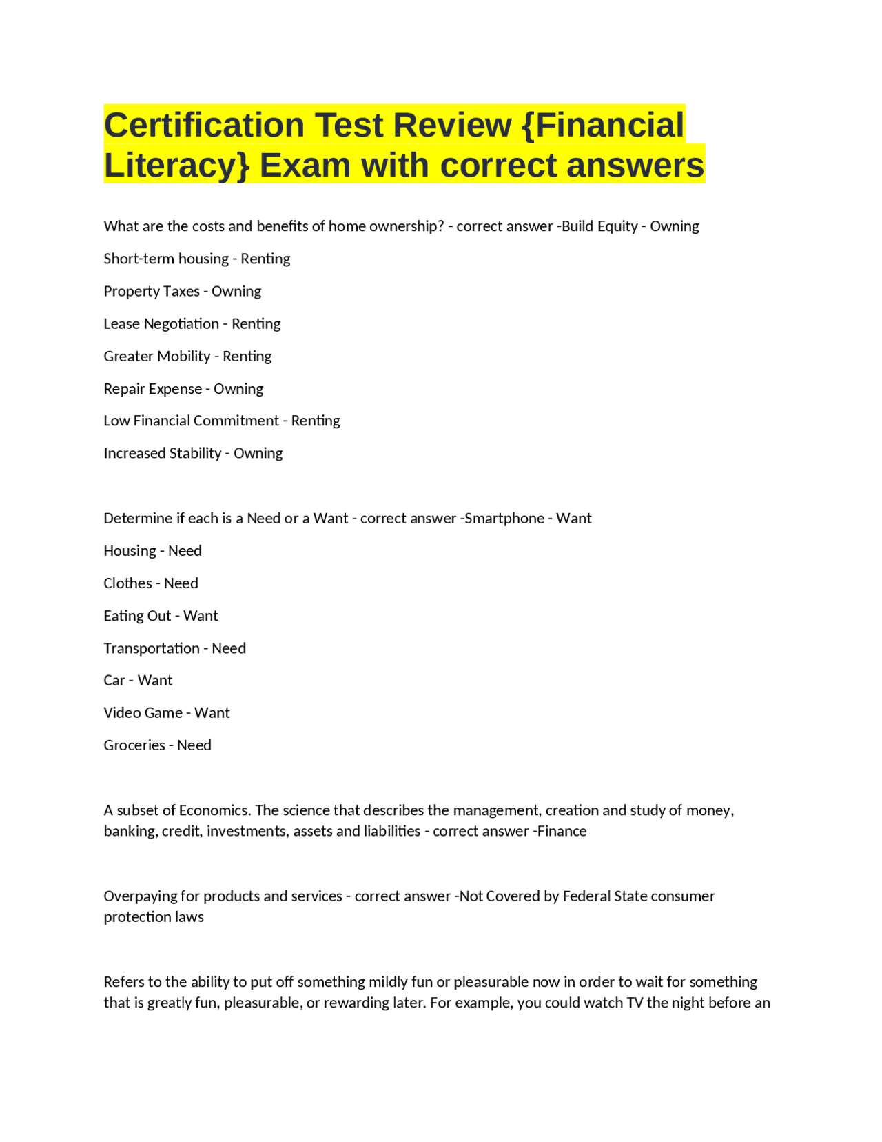 Certification Test Review {Financial Literacy} Exam with correct ...