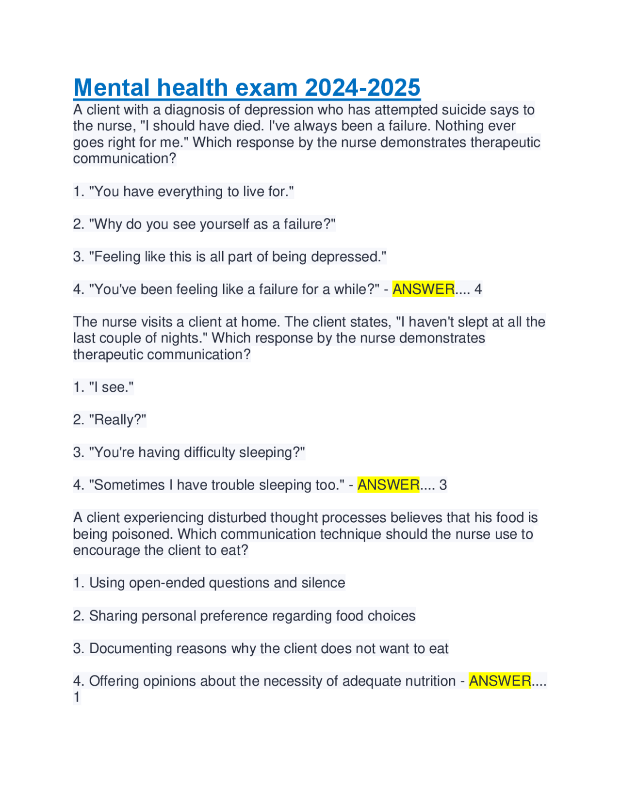Mental health exam 2024-2025 | Exams Nursing | Docsity