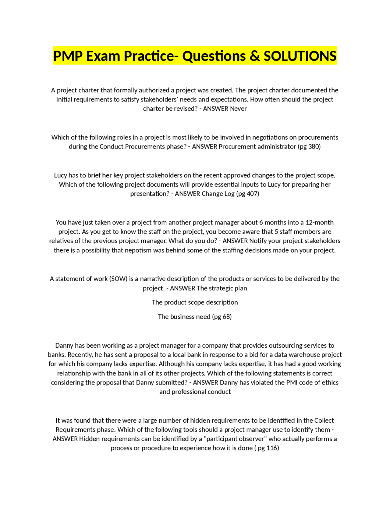 PMP Exam Practice- Questions & SOLUTIONS | Exams Project Management ...