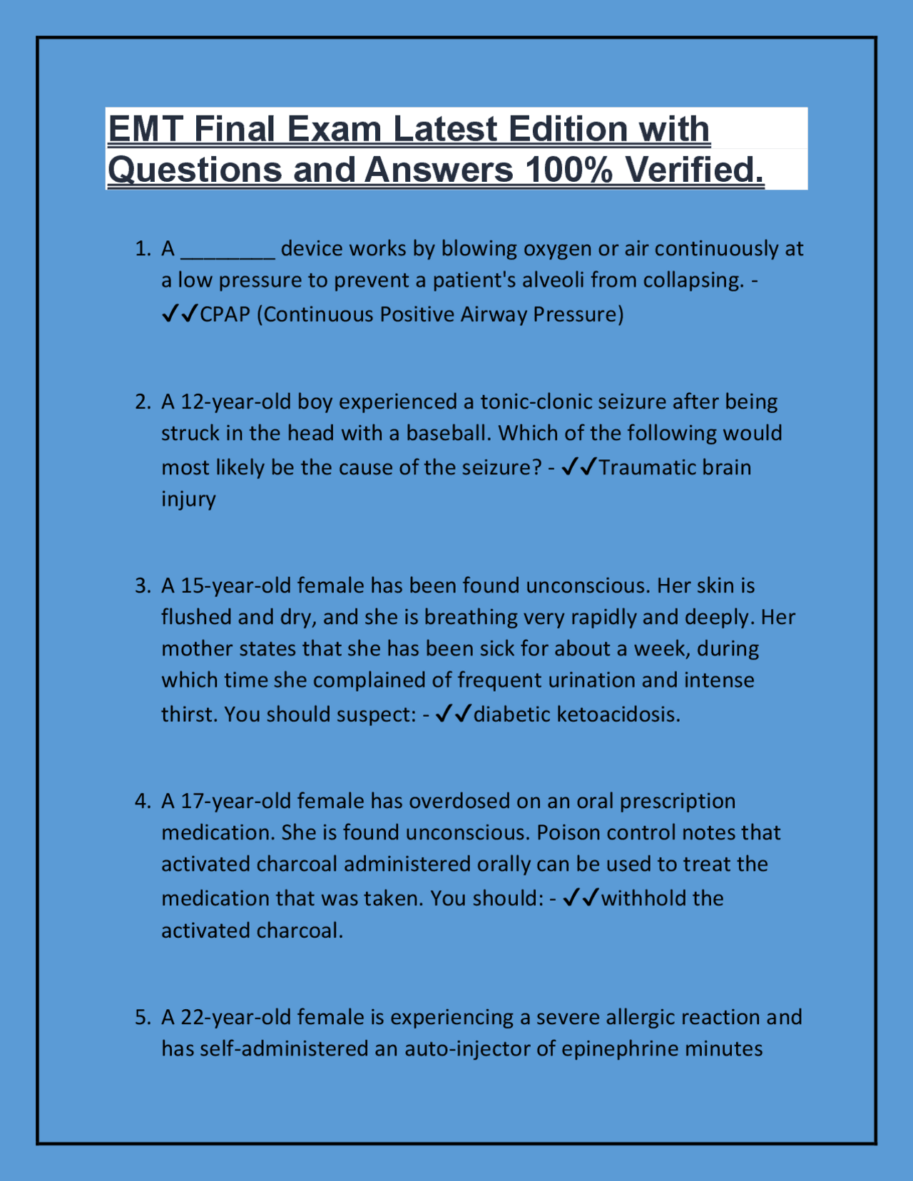 EMT Final Exam Latest Edition with Questions and Answers 100% Verified ...