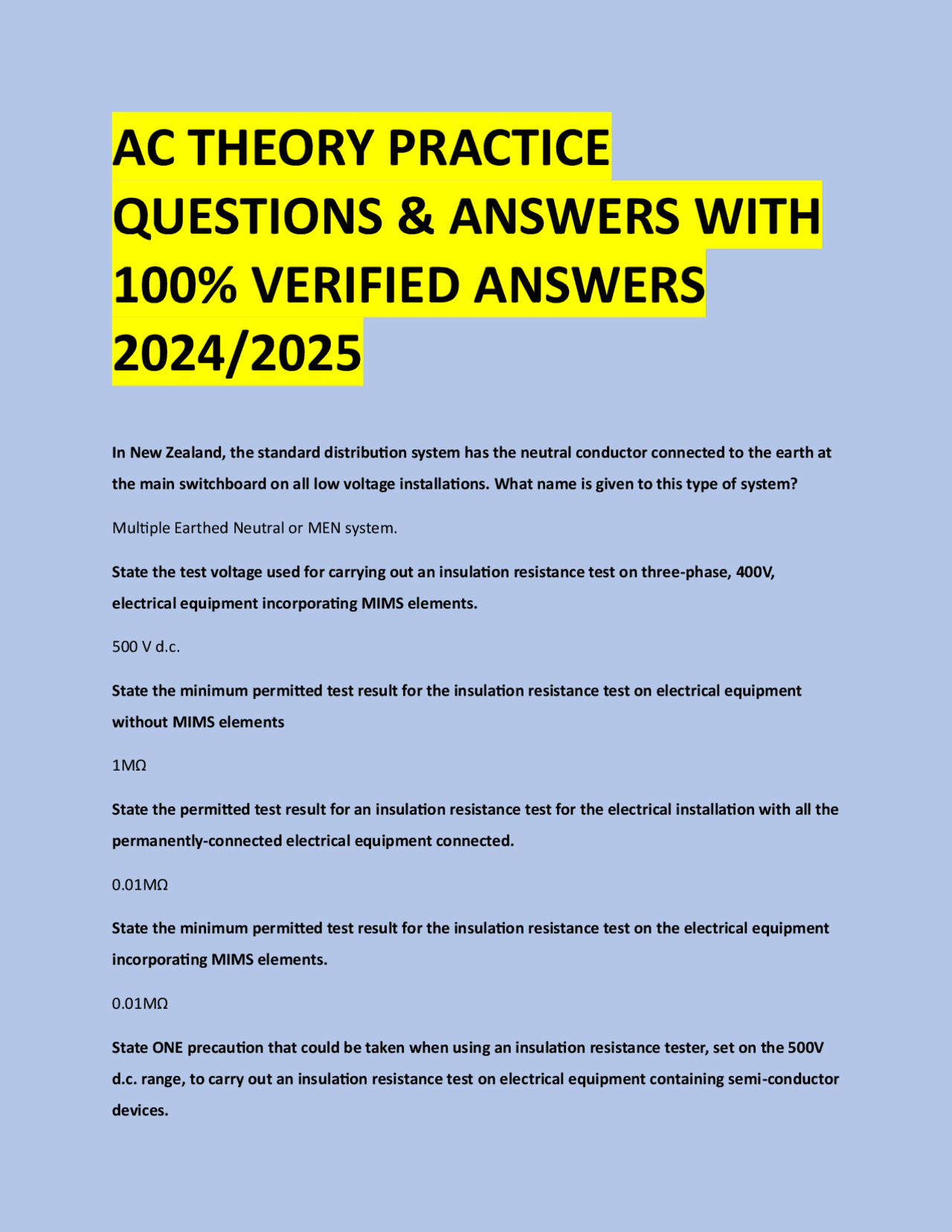 AC THEORY PRACTICE QUESTIONS & ANSWERS WITH 100% VERIFIED ANSWERS 2024/2025 | Exams Electrical ...