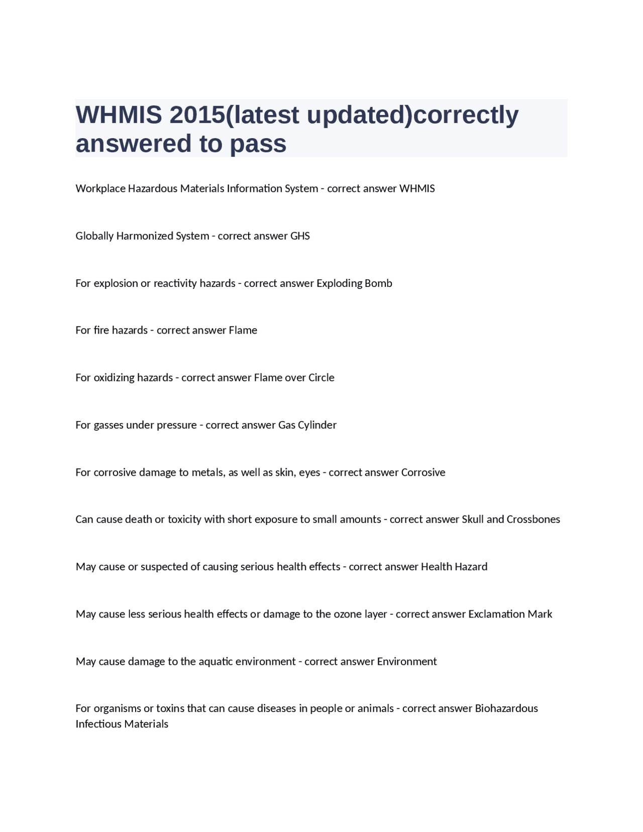 WHMIS 2015: Workplace Hazardous Materials Information System | Exams ...
