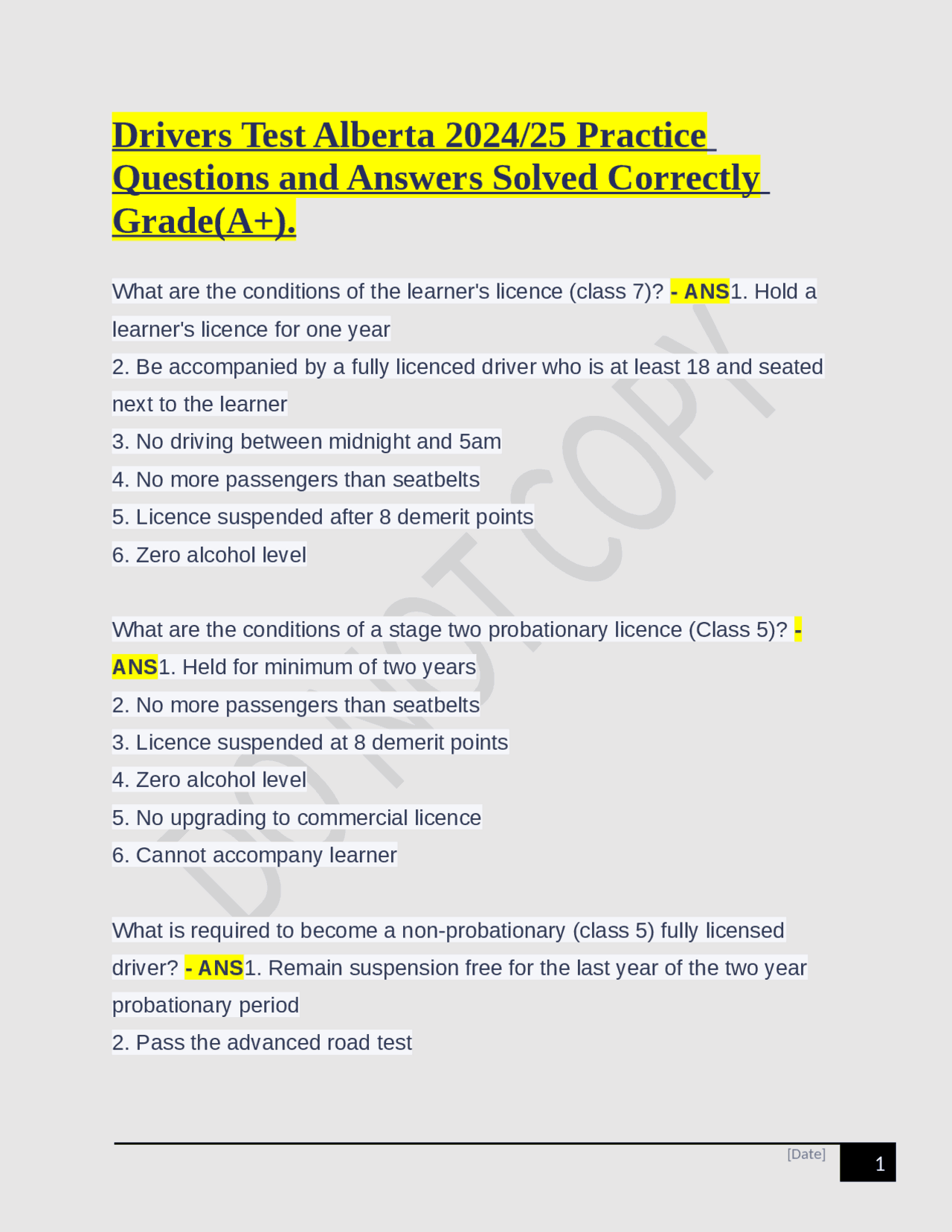 Drivers Test Alberta 2024/25 Practice Questions and Answers Solved ...