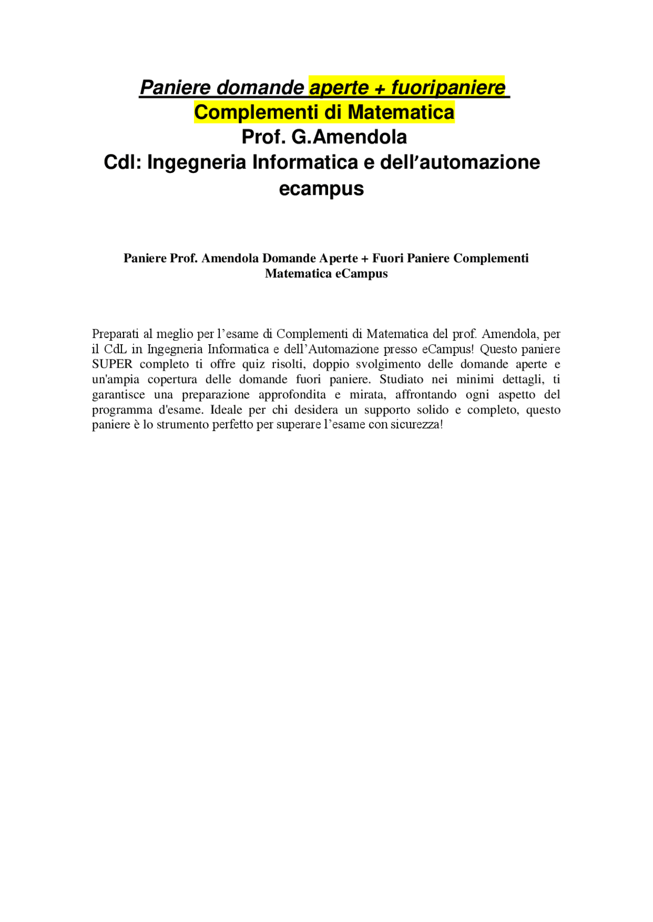 Paniere Prof. Amendola Domande Aperte + Fuori Paniere Complementi Matematica eCampus | Panieri ...