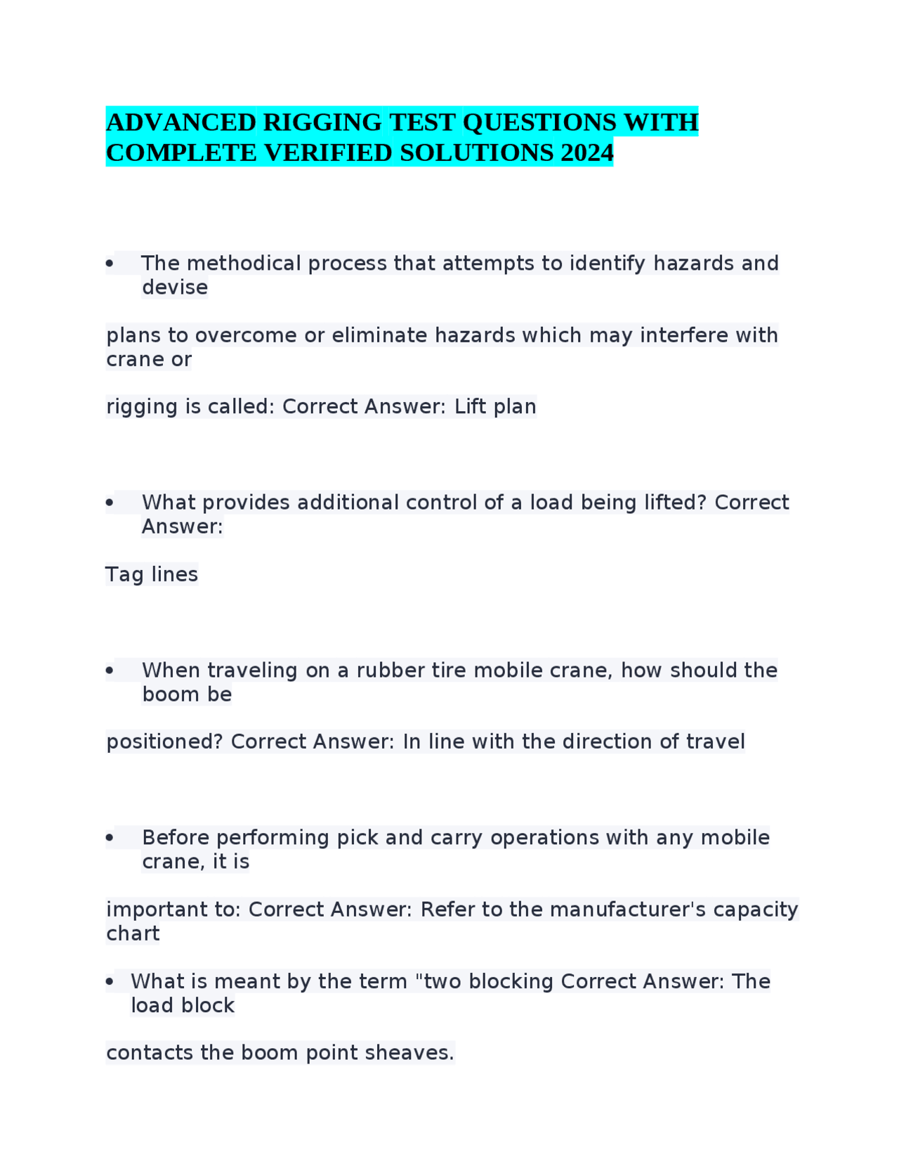 ADVANCED RIGGING TEST QUESTIONS WITH COMPLETE VERIFIED SOLUTIONS 2024 ...