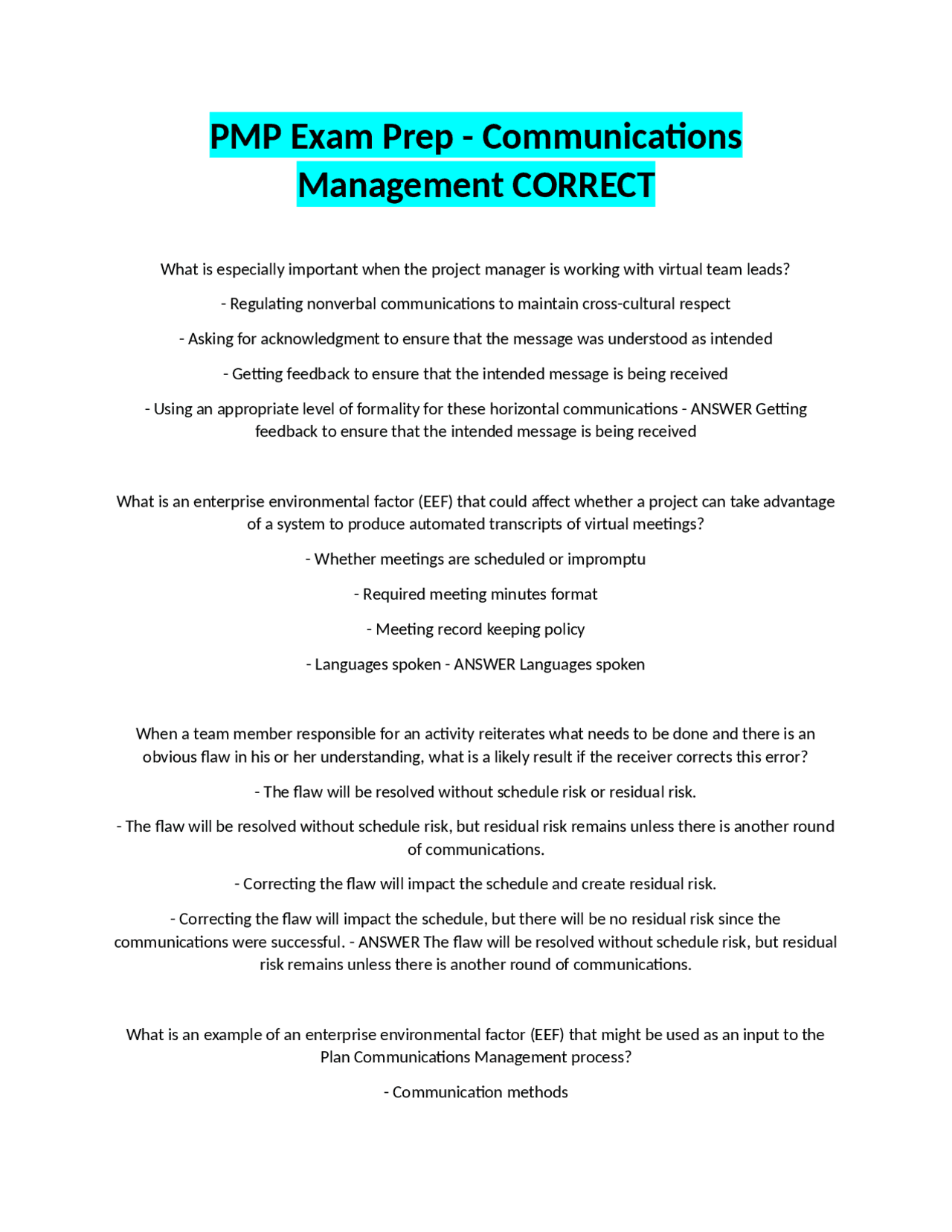 PMP Exam Prep - Communications Management | Exams Project Management | Docsity