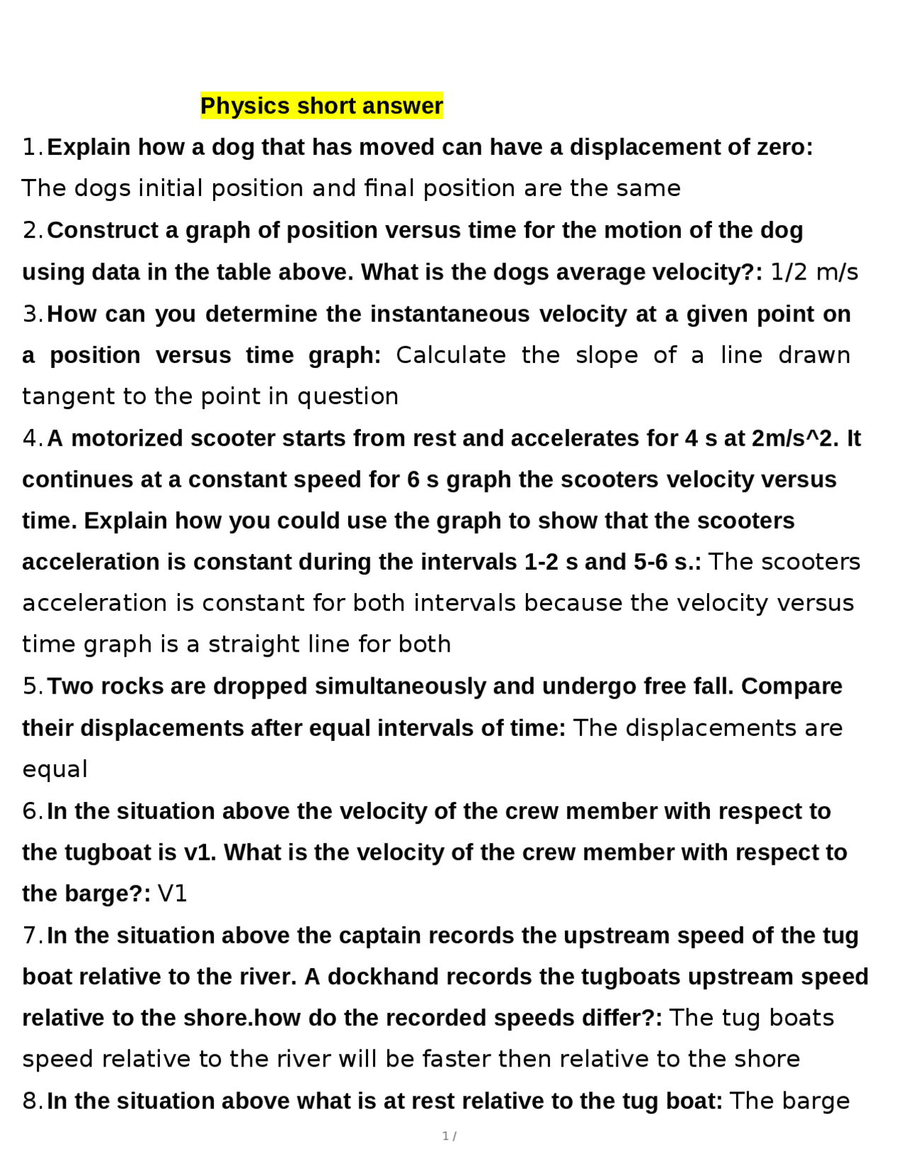 Physics Short Answer Questions | Exercises Physics | Docsity