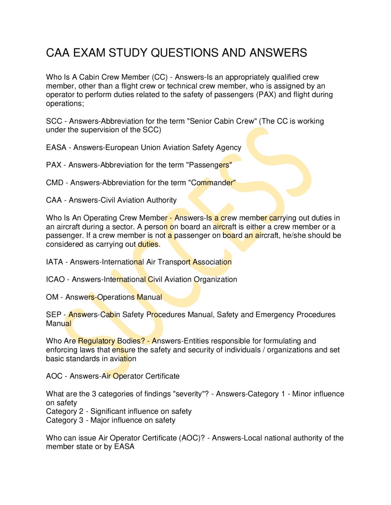 CAA Exam Study Questions and Answers | Exams Social Sciences | Docsity