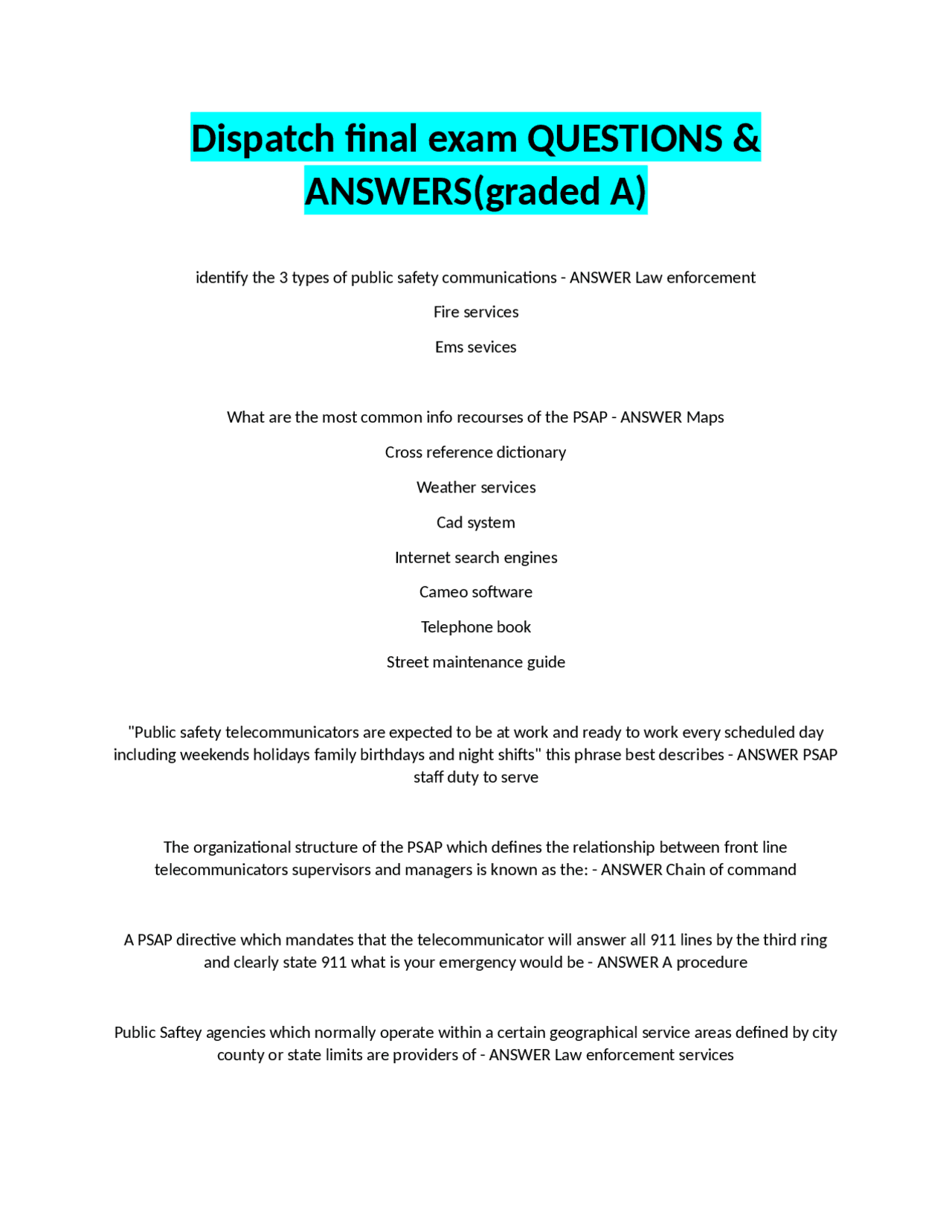 Dispatch final exam QUESTIONS & ANSWERS(graded A) | Exams Criminal Law ...