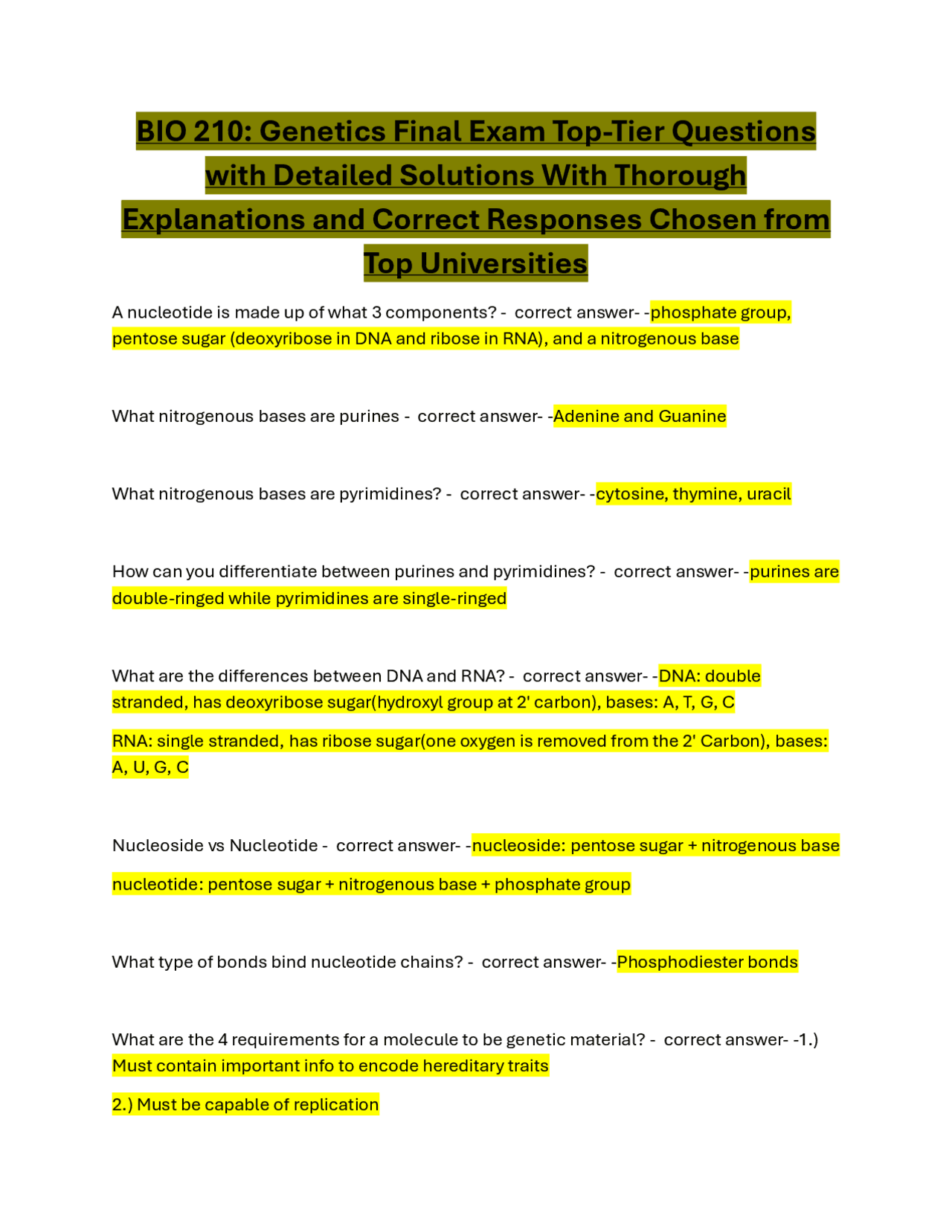 BIO 210: Genetics Final Exam Top-Tier Questions with Detailed Solutions ...