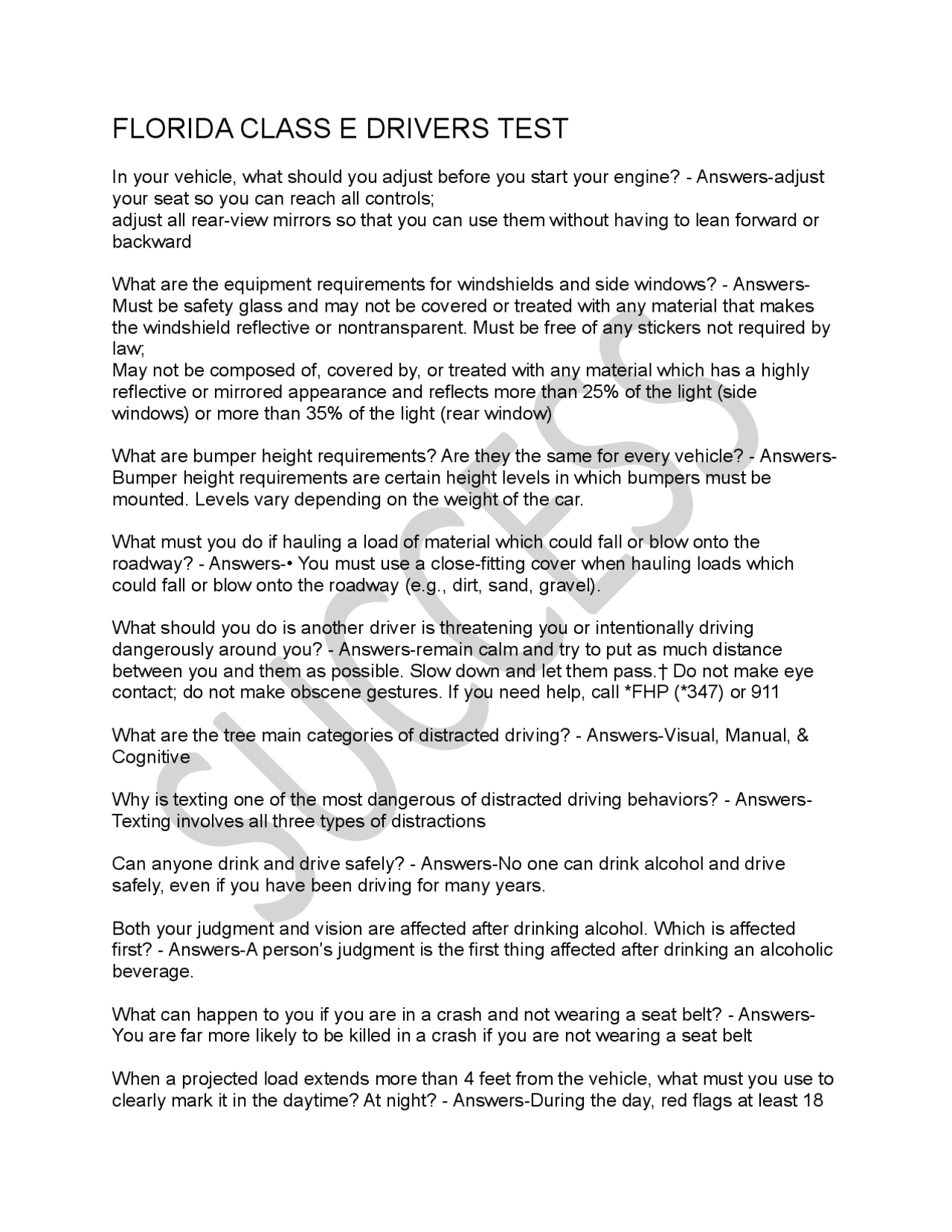 Florida Class E Drivers Test | Exams Social Sciences | Docsity