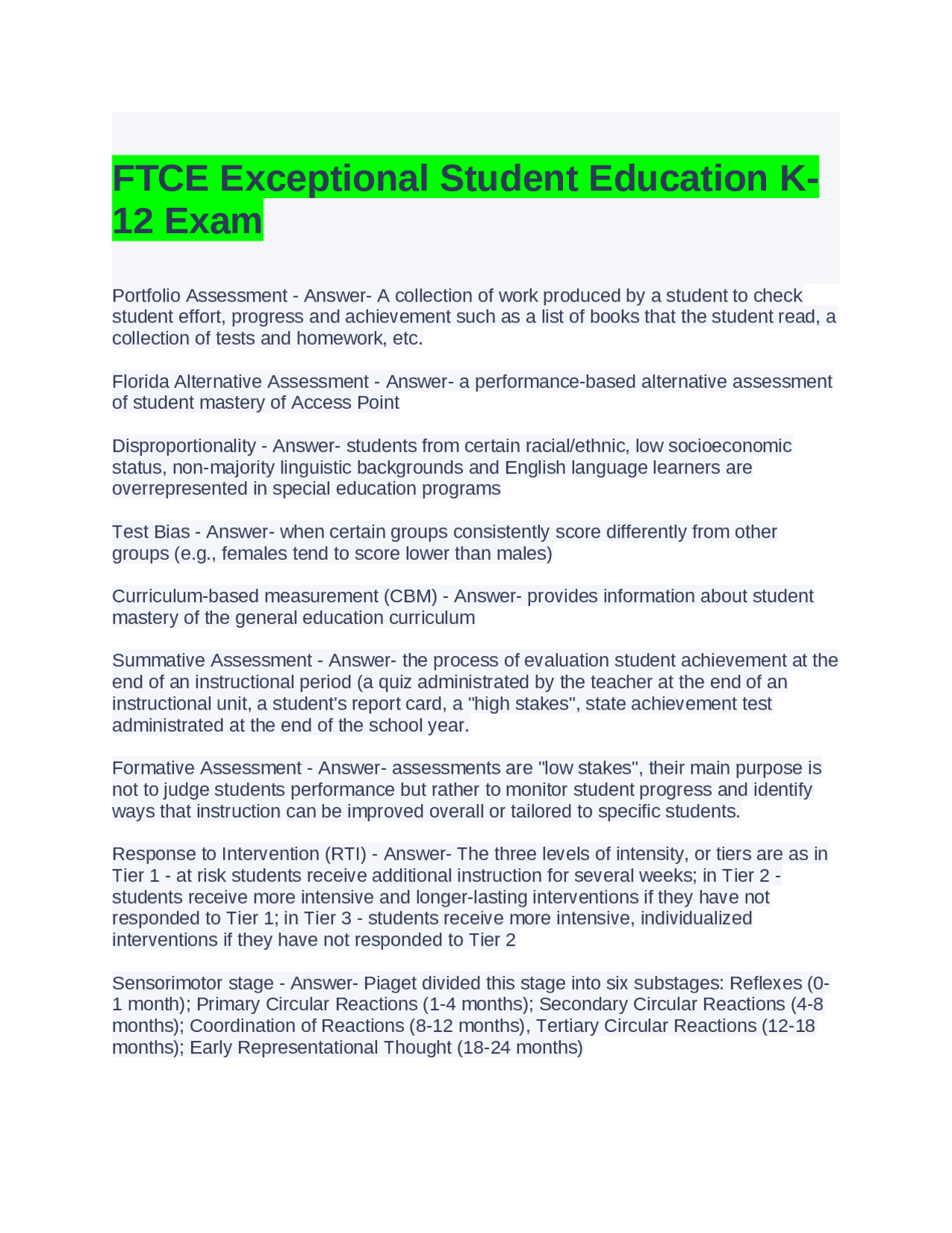 FTCE Exceptional Student Education K-12 Exam 2024-2025 | Exams Nursing ...
