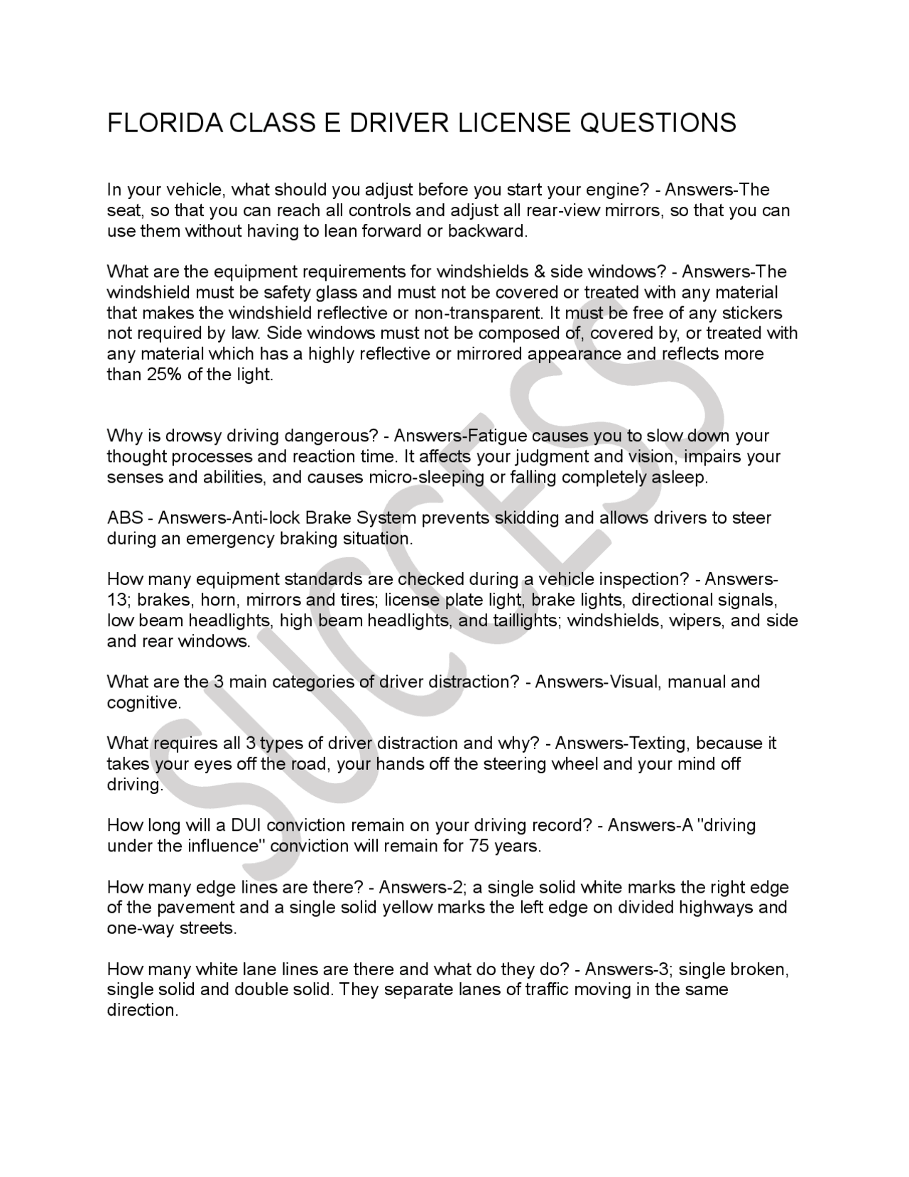 Florida Class E Driver License Questions | Exams Social Sciences | Docsity