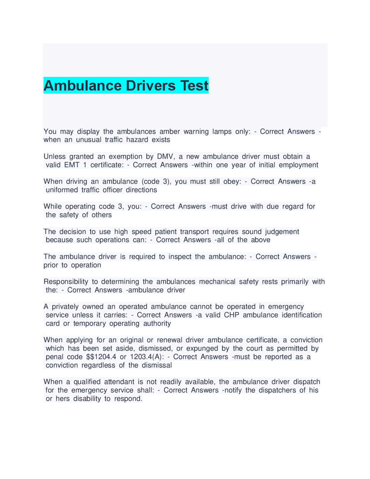Ambulance Drivers Test | Exams Nursing | Docsity