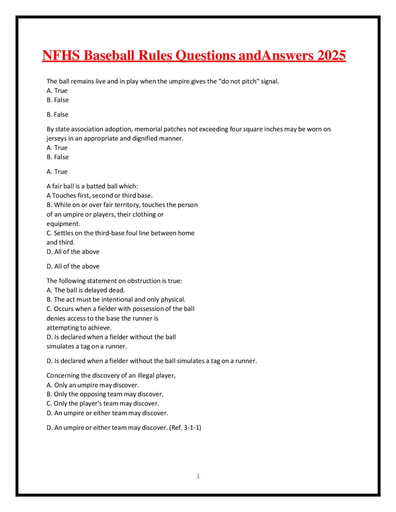 NFHS Baseball Rules Questions and Answers 2025 | Exams Physical ...