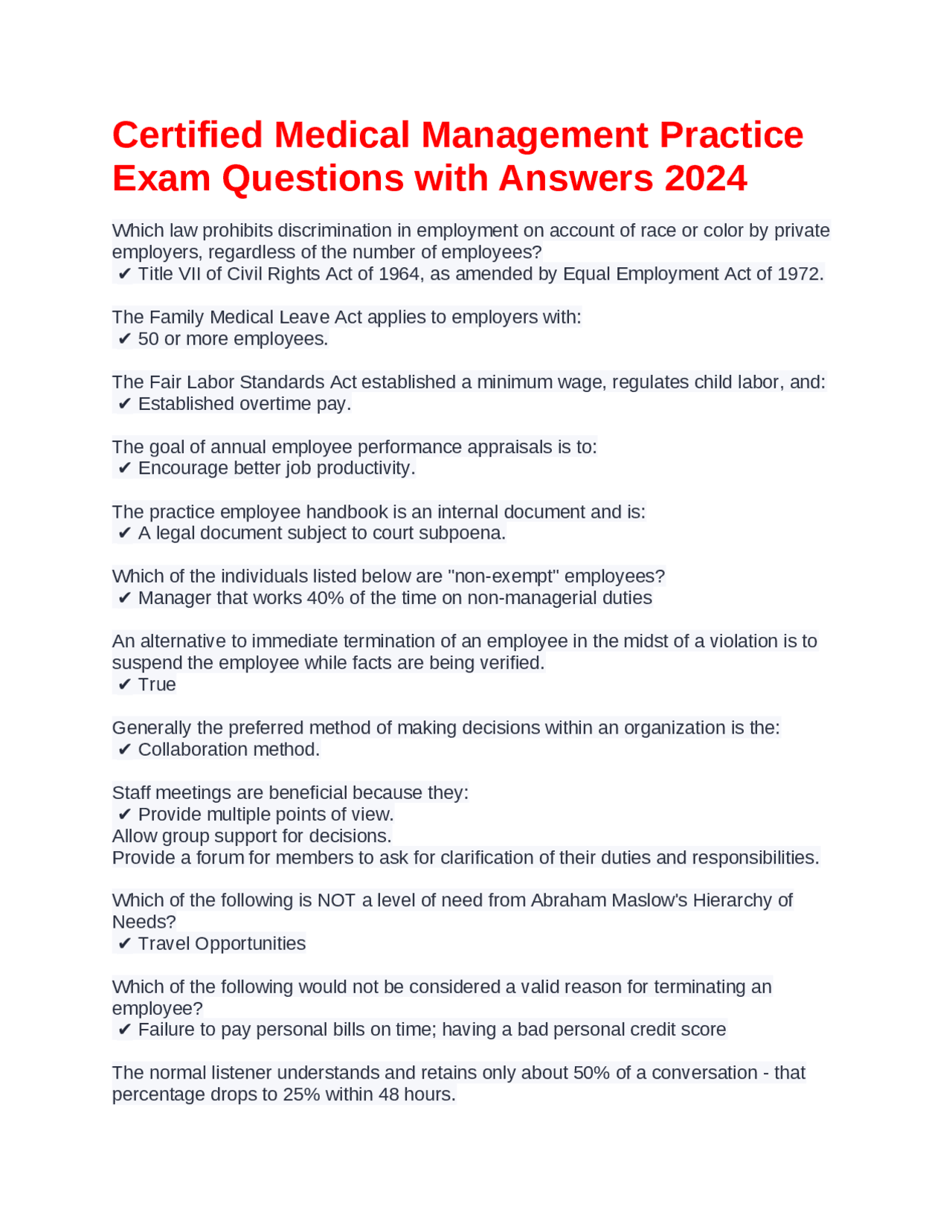 Certified Medical Management Practice Exam Questions with Answers 2024 ...