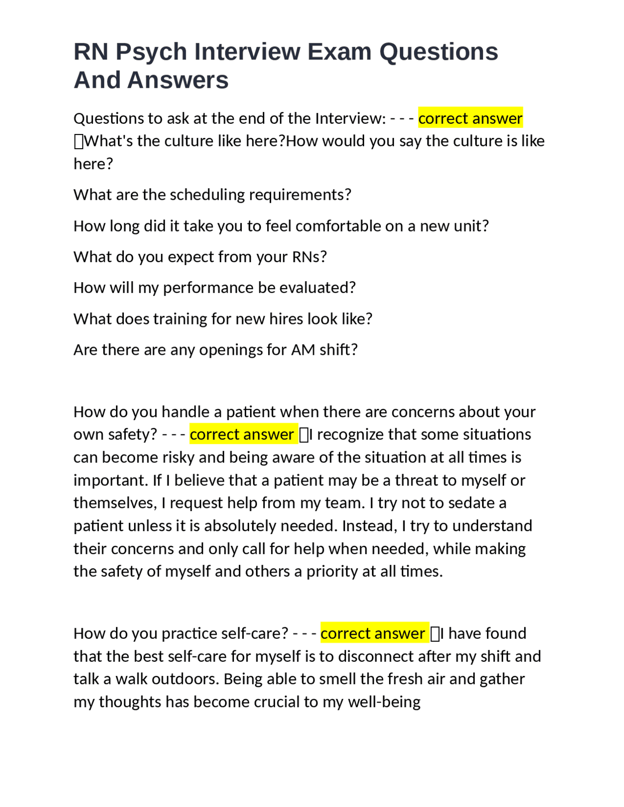 RN Psych Interview Exam Questions and Answers | Exams Psychiatry | Docsity