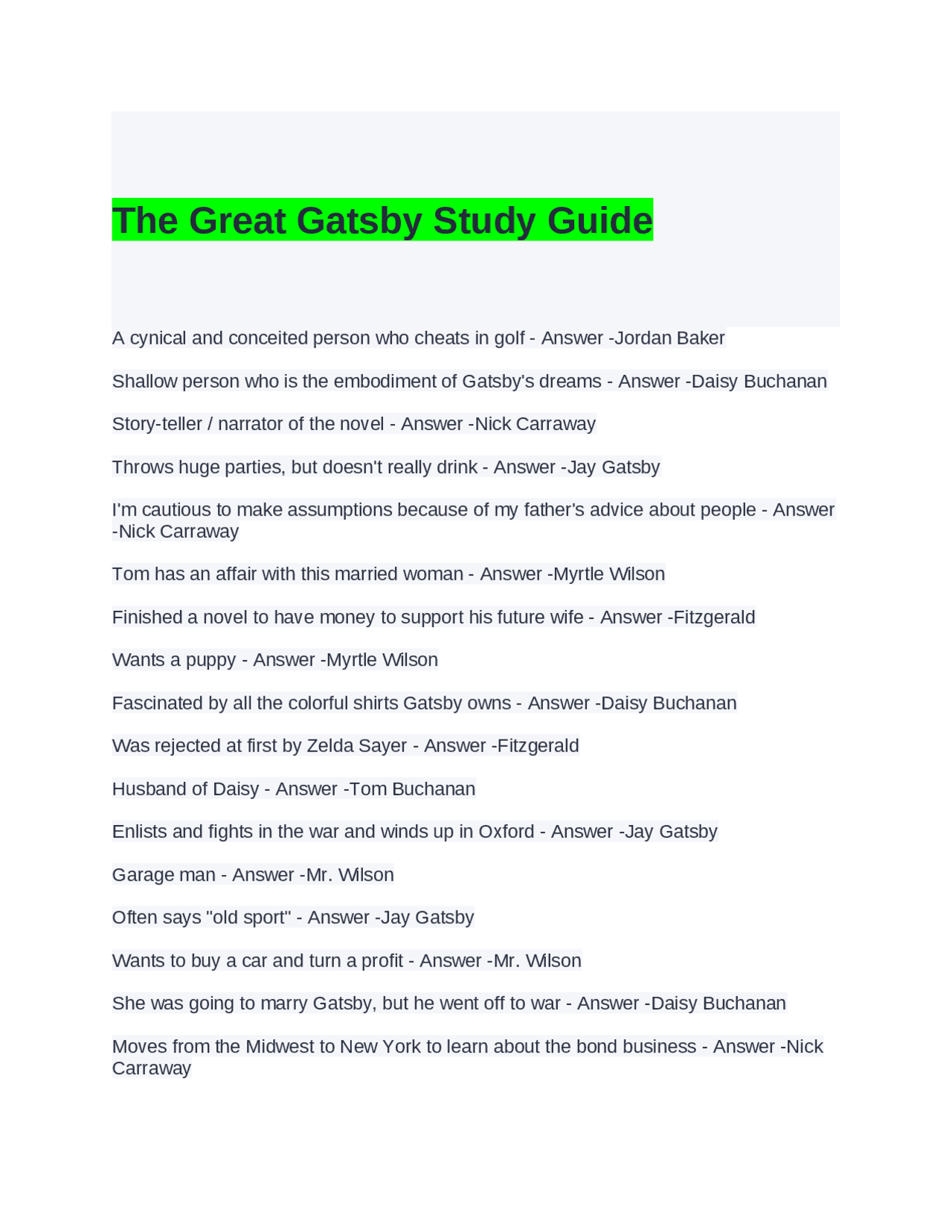 The Great Gatsby Study Guide | Exams Nursing | Docsity