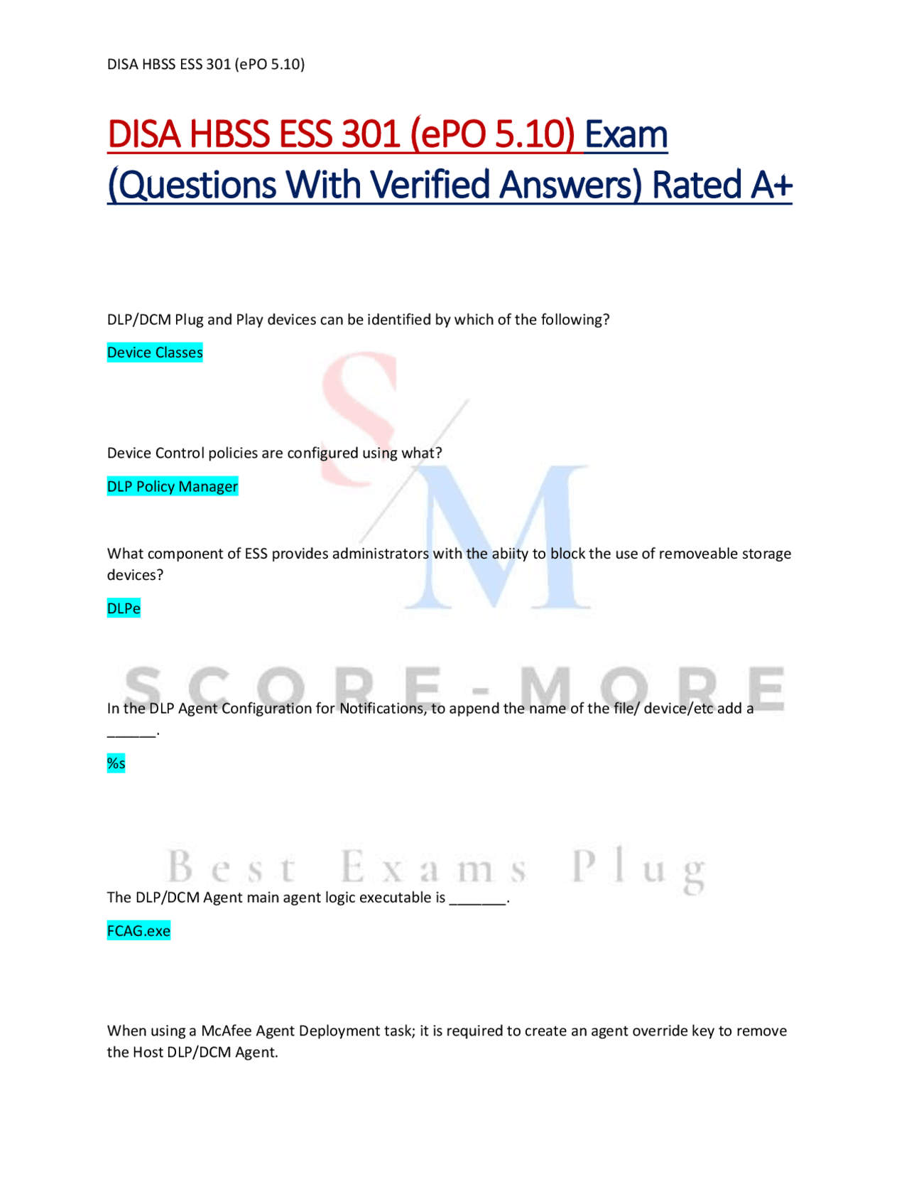 DISA HBSS ESS 301 (ePO 5.10) Exam (Questions With Verified Answers ...
