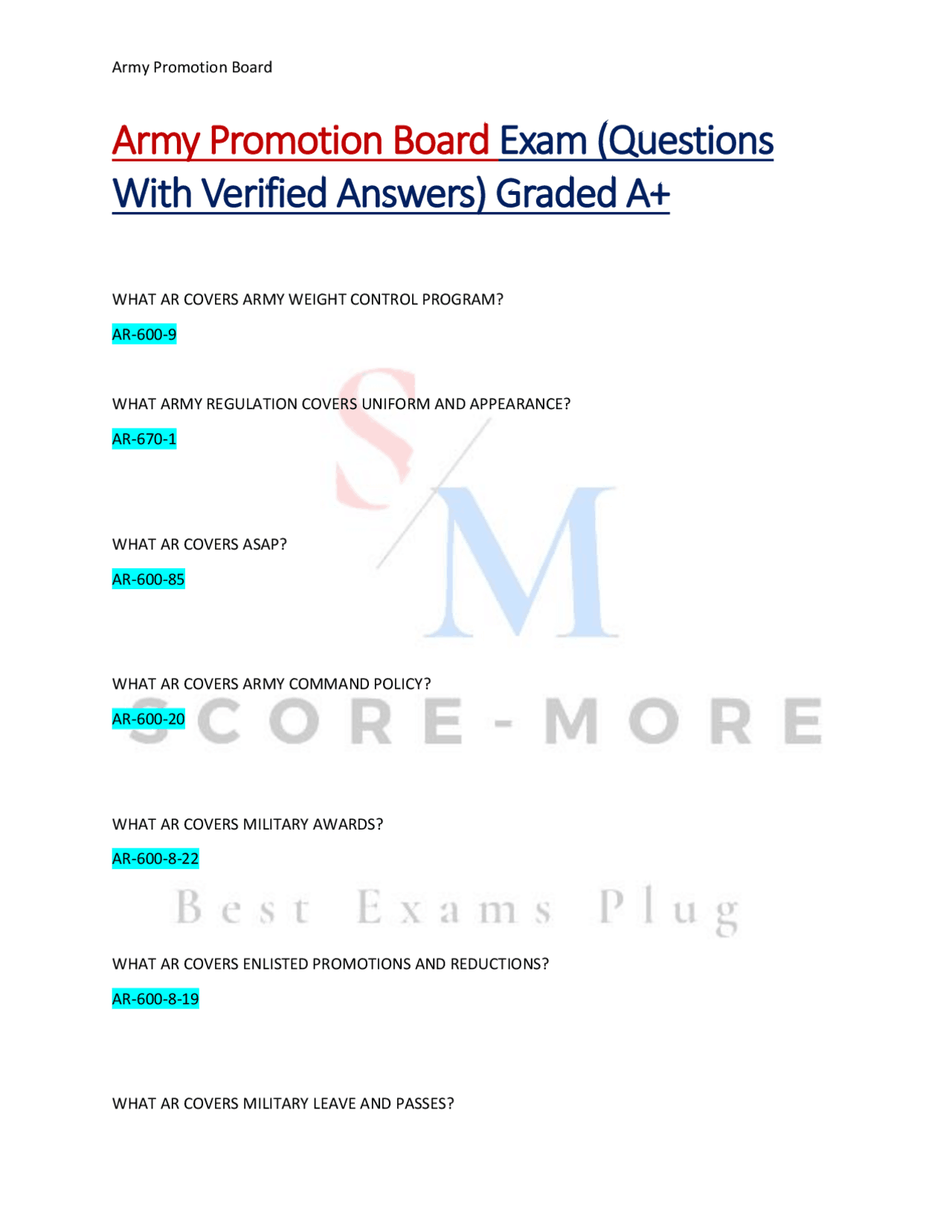 Army Promotion Board Exam | Exams Workplace Safety | Docsity