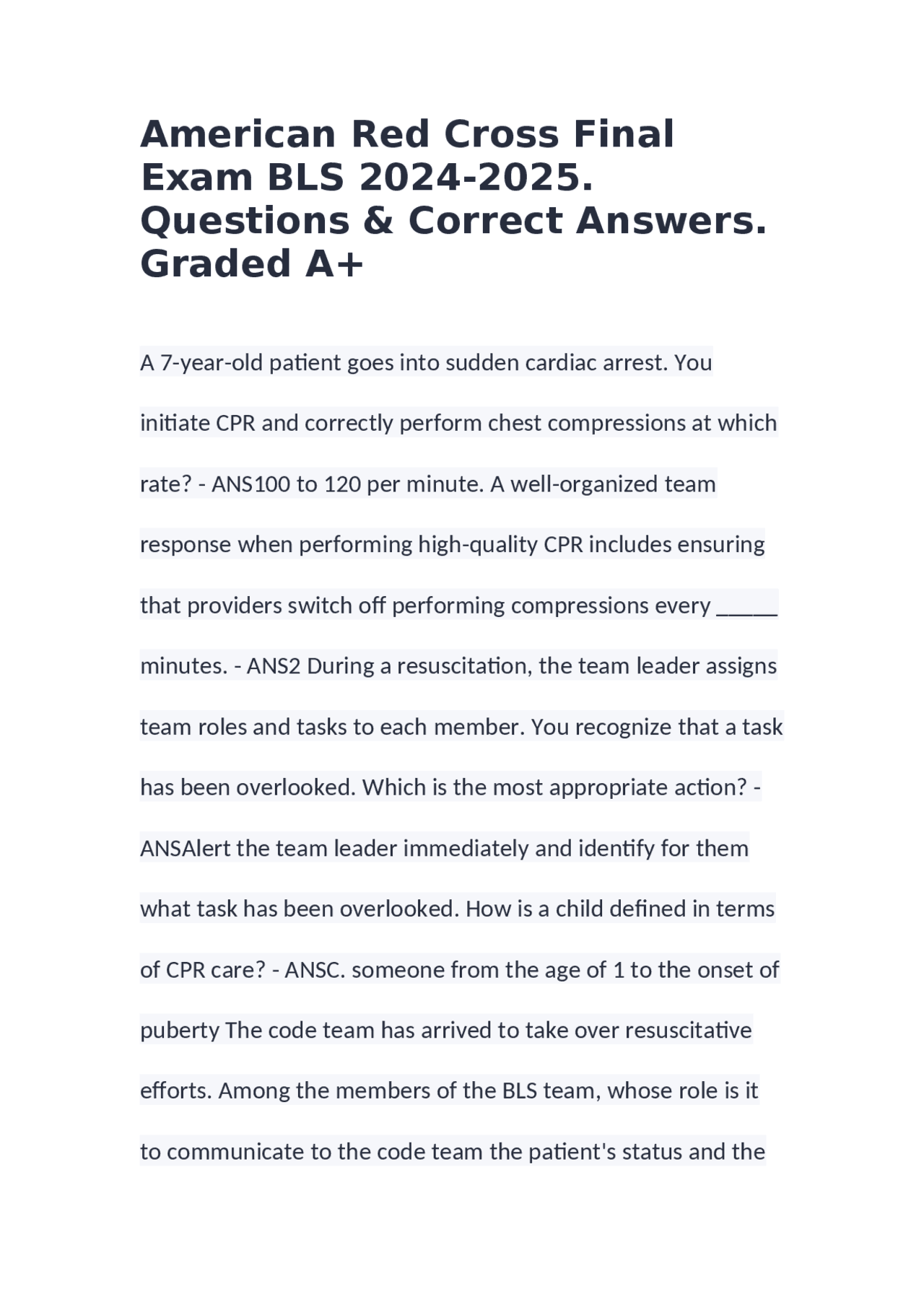 American Red Cross Final Exam BLS 2024-2025 | Exams Nursing | Docsity