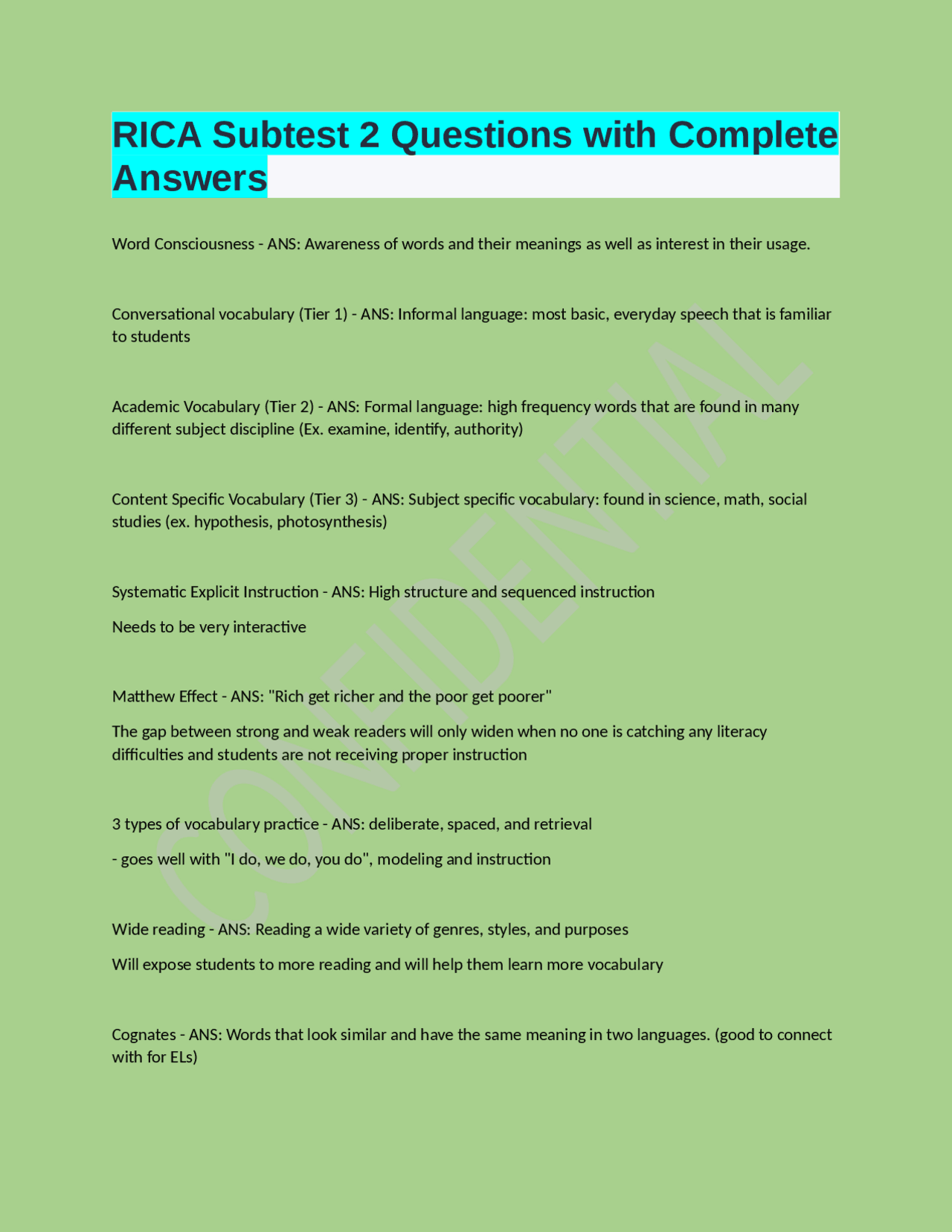 RICA Subtest 2 Questions with Complete Answers | Exams Medicine | Docsity