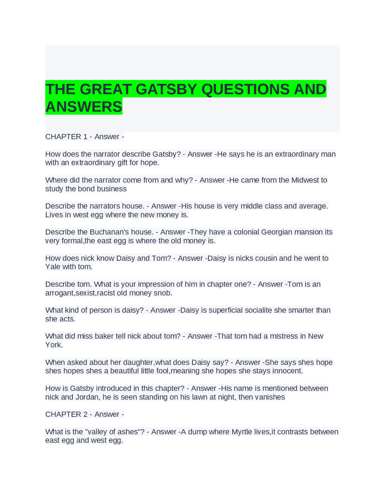 The Great Gatsby: Comprehensive Chapter Summaries and Analysis | Exams Nursing | Docsity