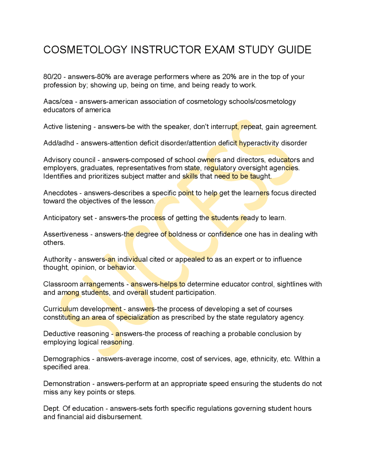COSMETOLOGY INSTRUCTOR EXAM STUDY GUIDE | Exams Social Sciences | Docsity