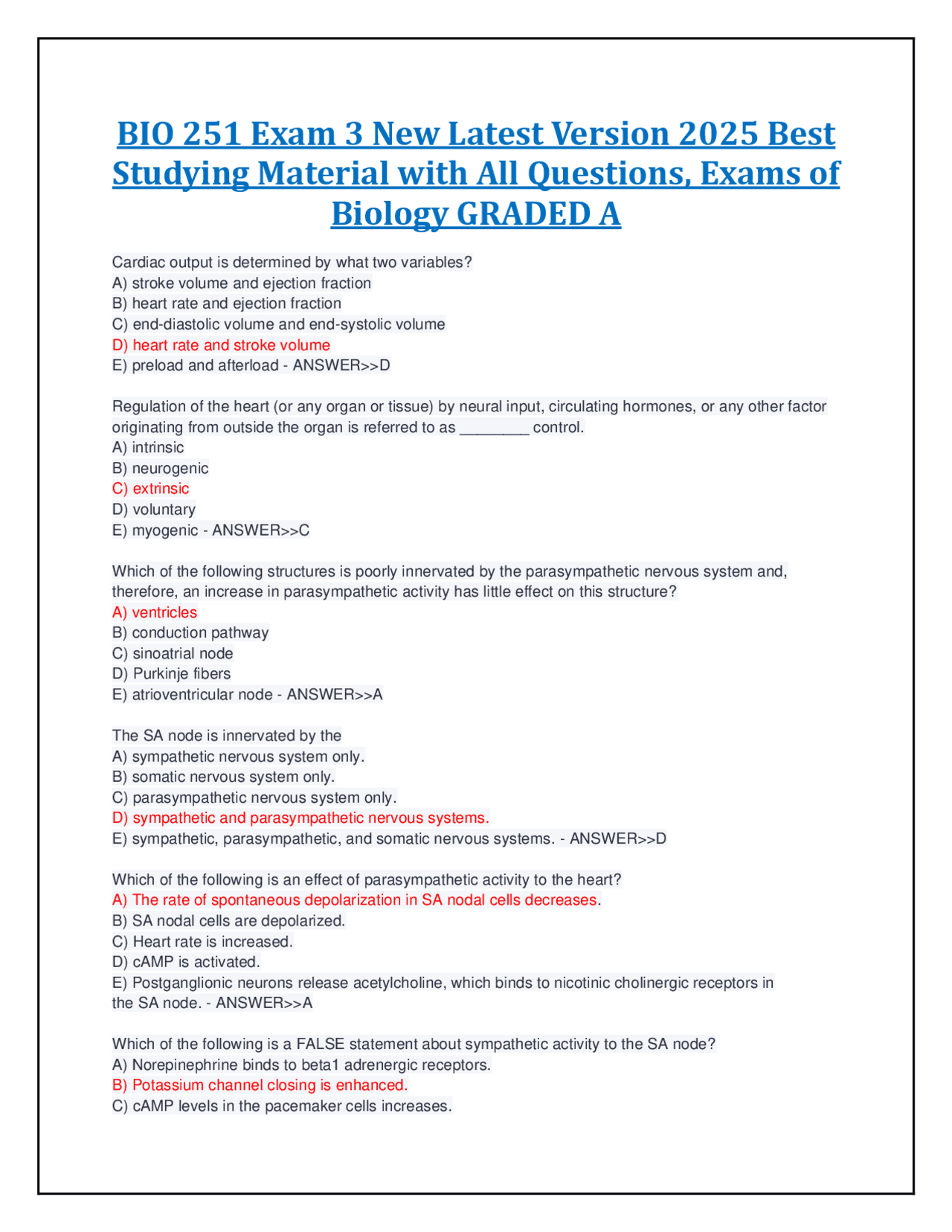 BIO 251 Exam 3 New Latest Version 2025 Best Studying Material | Exams ...