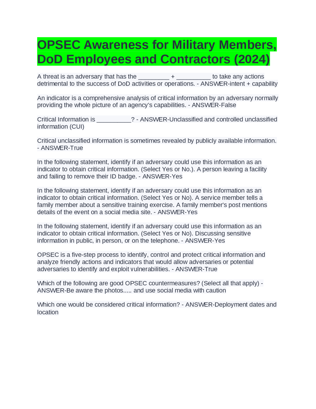 OPSEC Awareness for Military Members, DoD Employees and Contractors ...