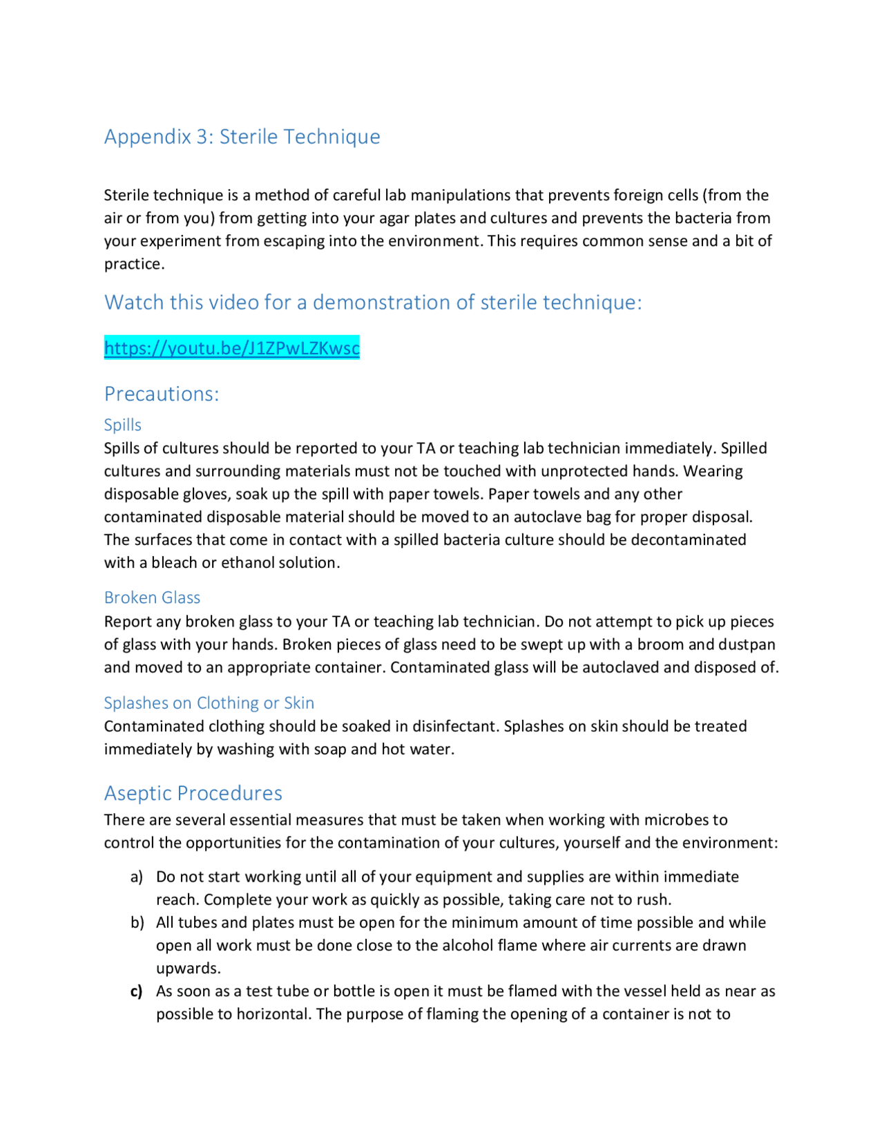 Appendix of sterile technique UofT | Cheat Sheet Animal Biology | Docsity