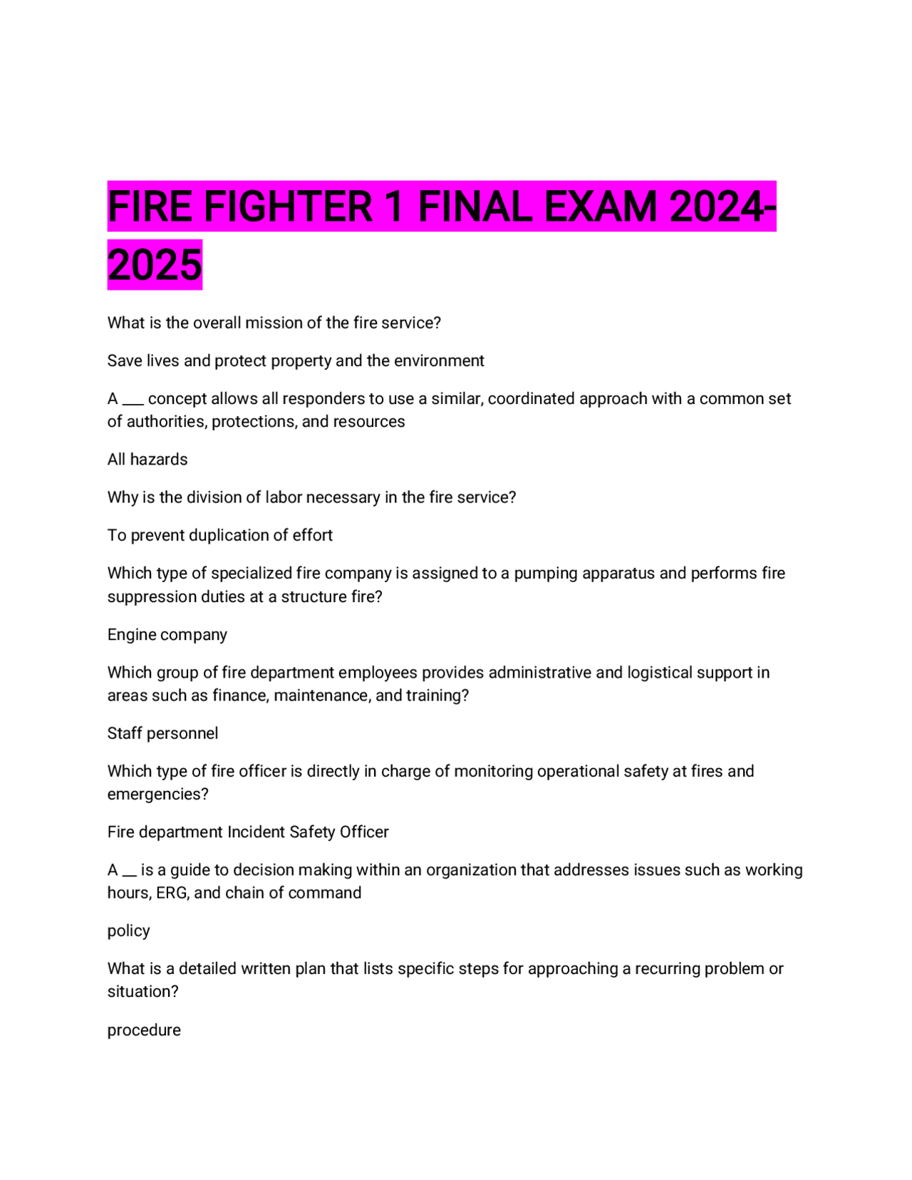 FIRE FIGHTER 1 FINAL EXAM 2024-2025 | Exams Safety and Fire Engineering ...