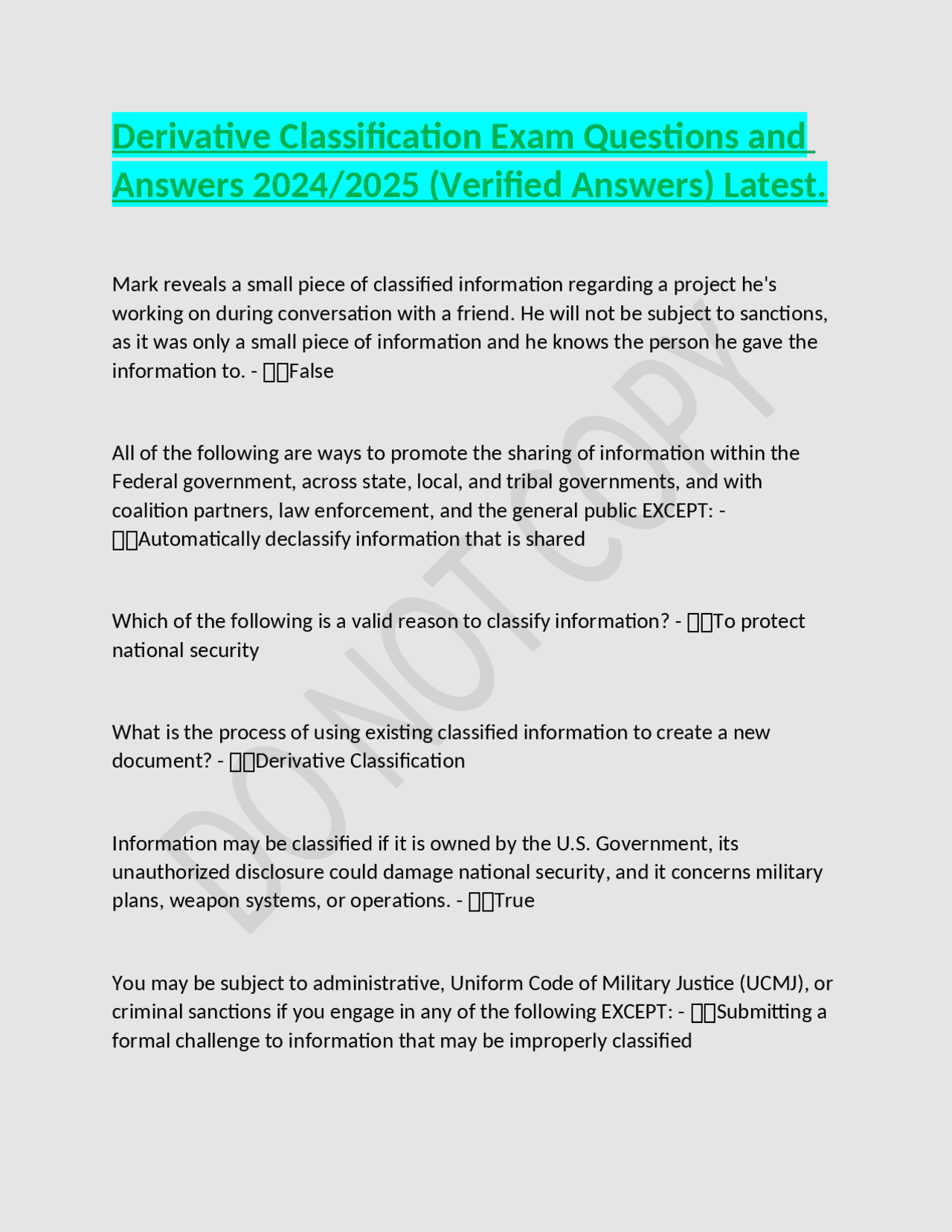 Derivative Classification Exam Questions and Answers 2024/2025 ...