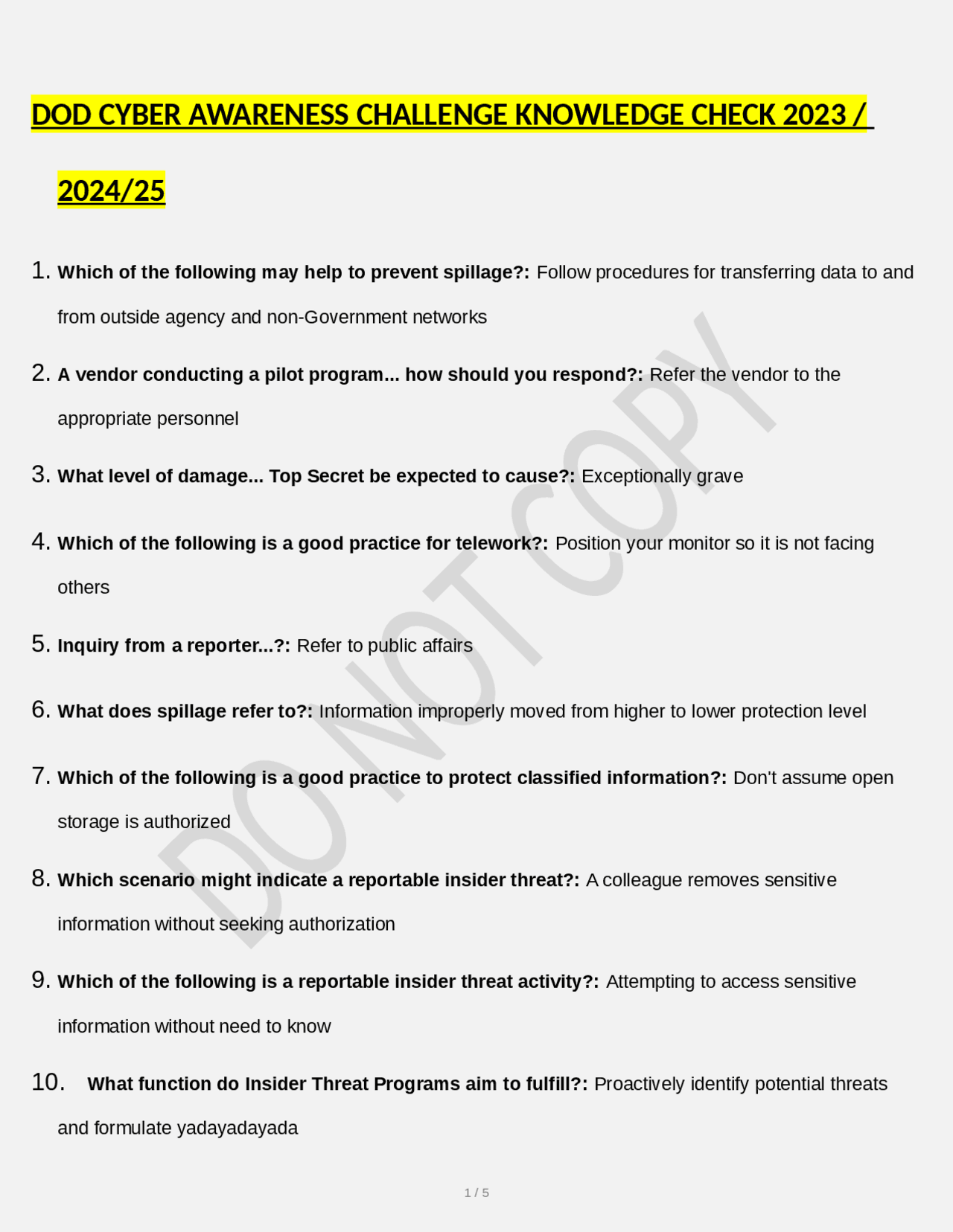 DOD CYBER AWARENESS CHALLENGE KNOWLEDGE CHECK 2023 / 2024/25 | Exams ...