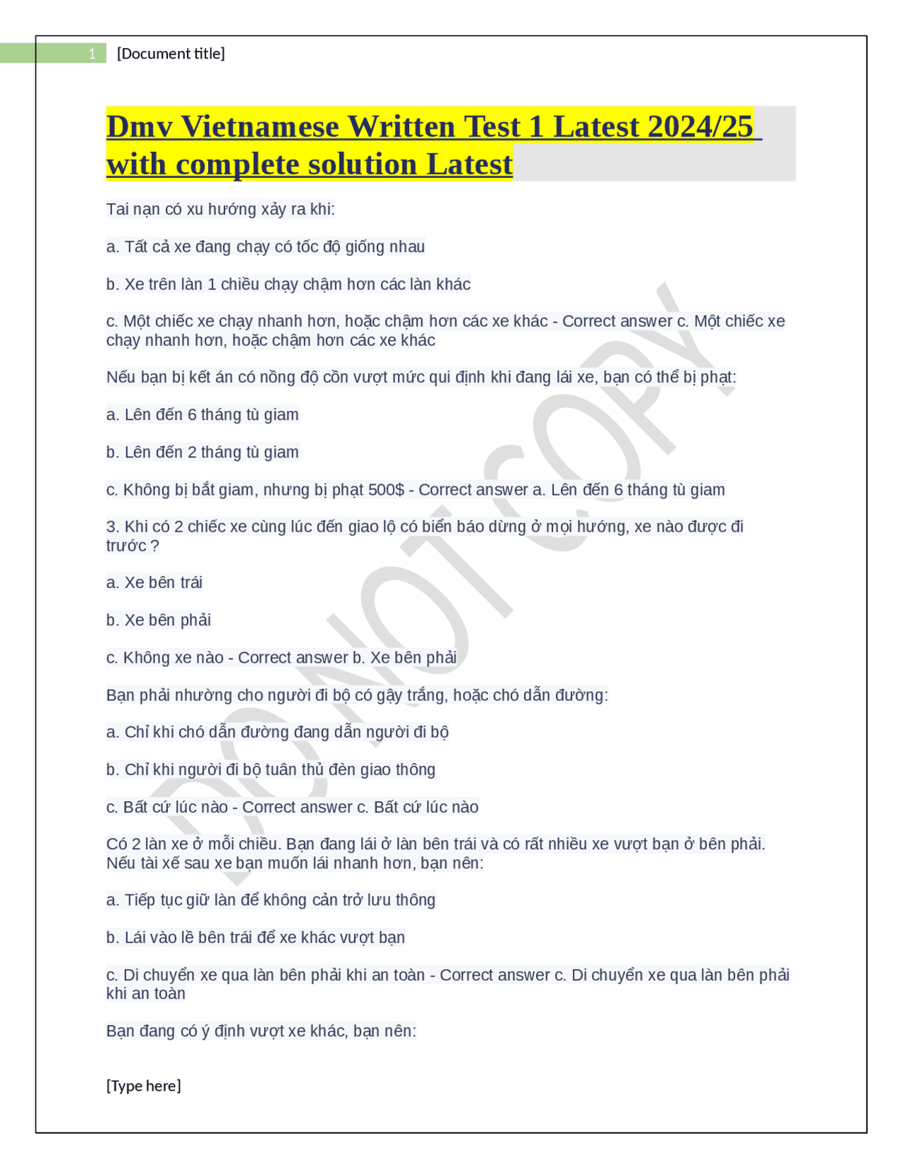 Dmv Vietnamese Written Test 1 Latest 2024/25 with complete solution ...