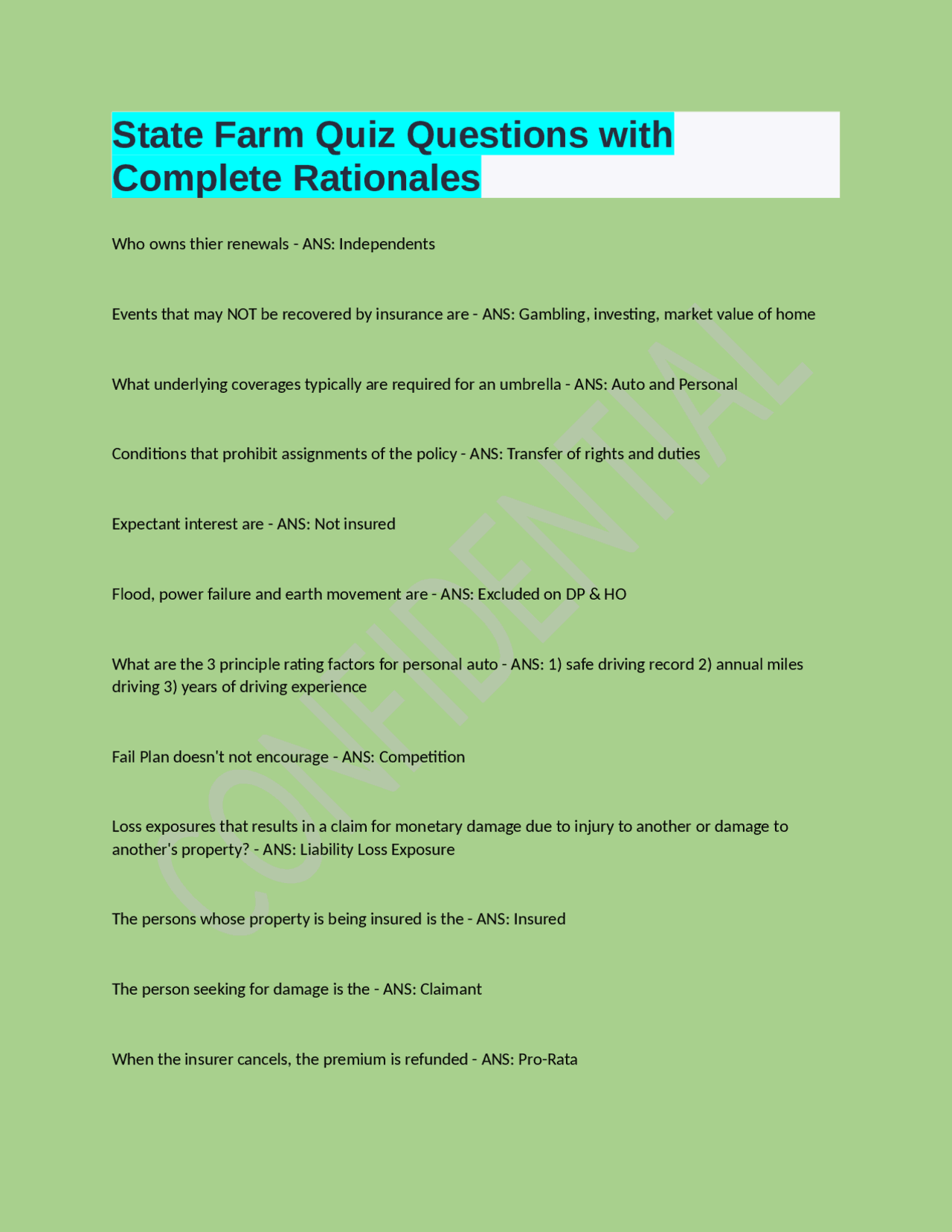 State Farm Quiz Questions with Complete Rationales | Exams Law | Docsity