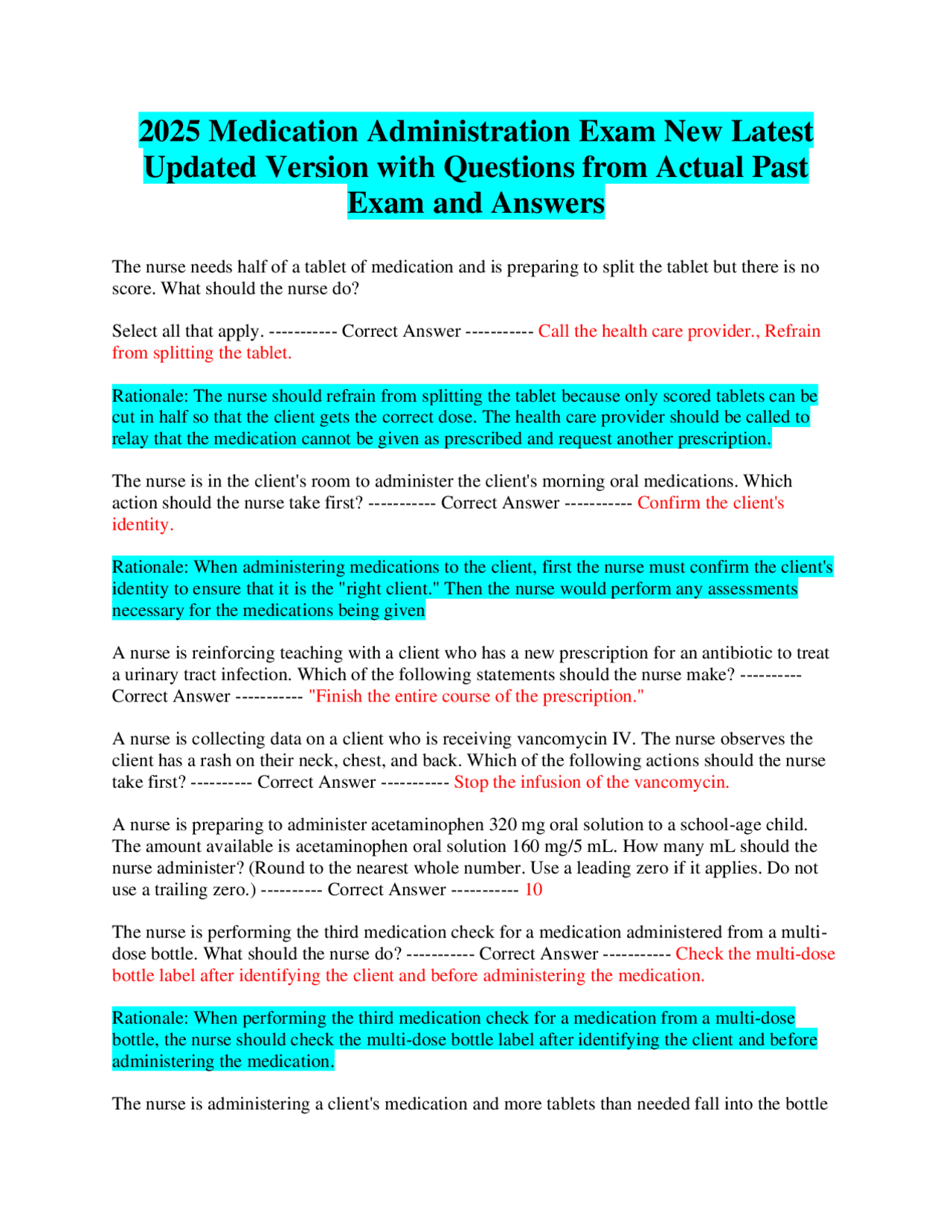 Medication Administration Exam Preparation | Exams Nursing | Docsity