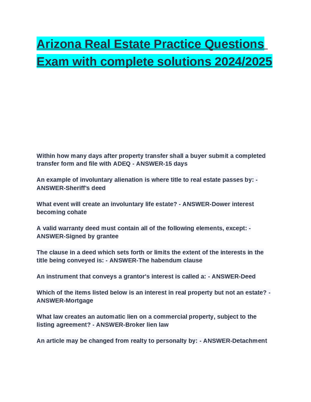 Arizona Real Estate Practice Questions Exam with complete solutions ...