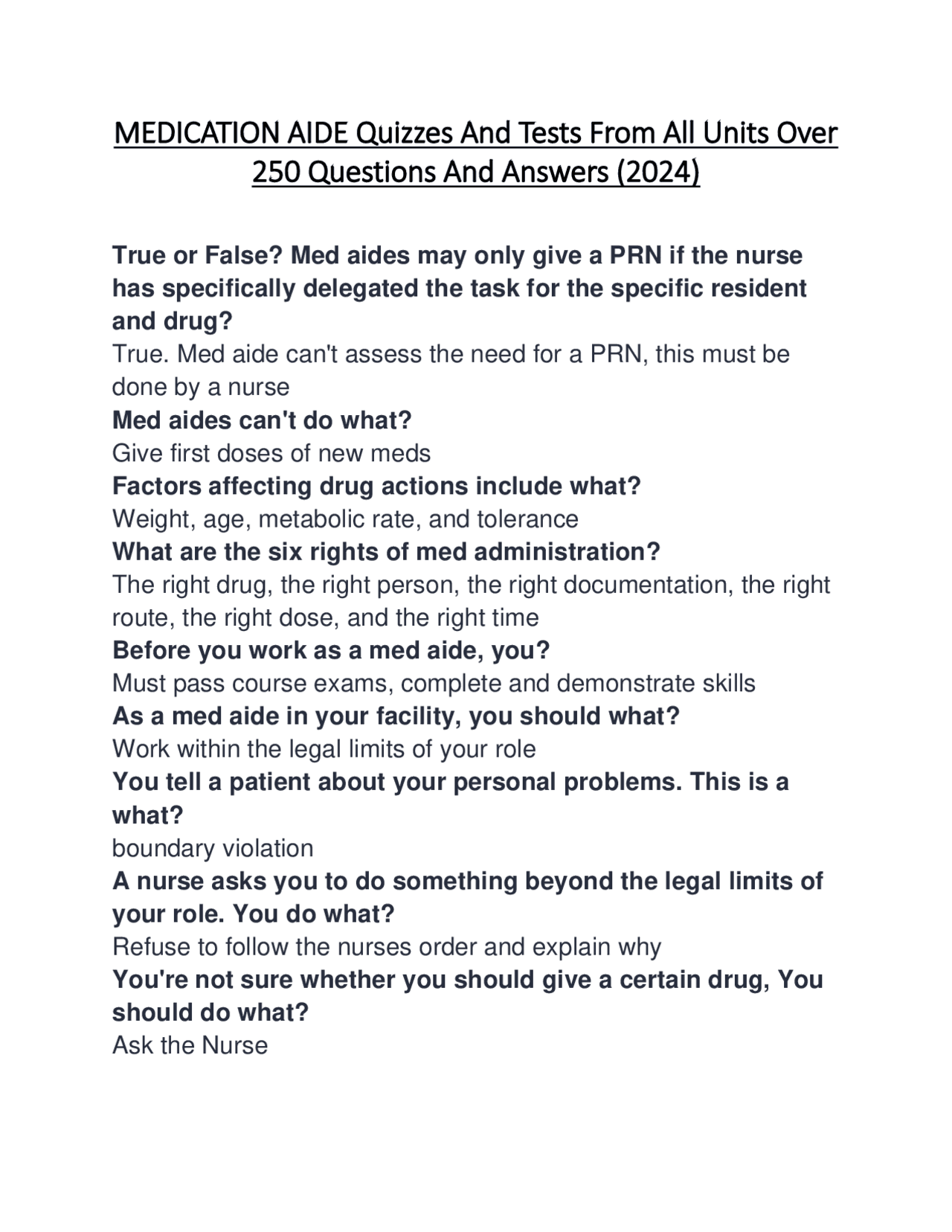 MEDICATION AIDE Quizzes And Tests From All Units Over 250 Questions And ...