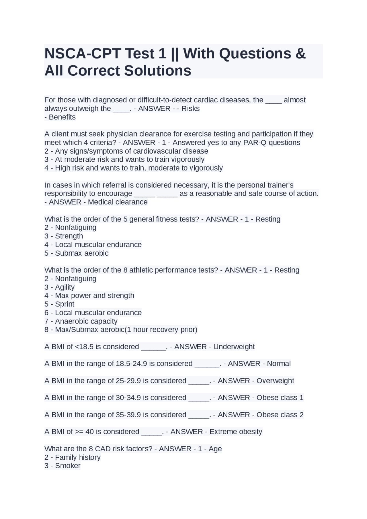 NSCA-CPT Test 1 || With Questions & All Correct Solutions | Exams ...