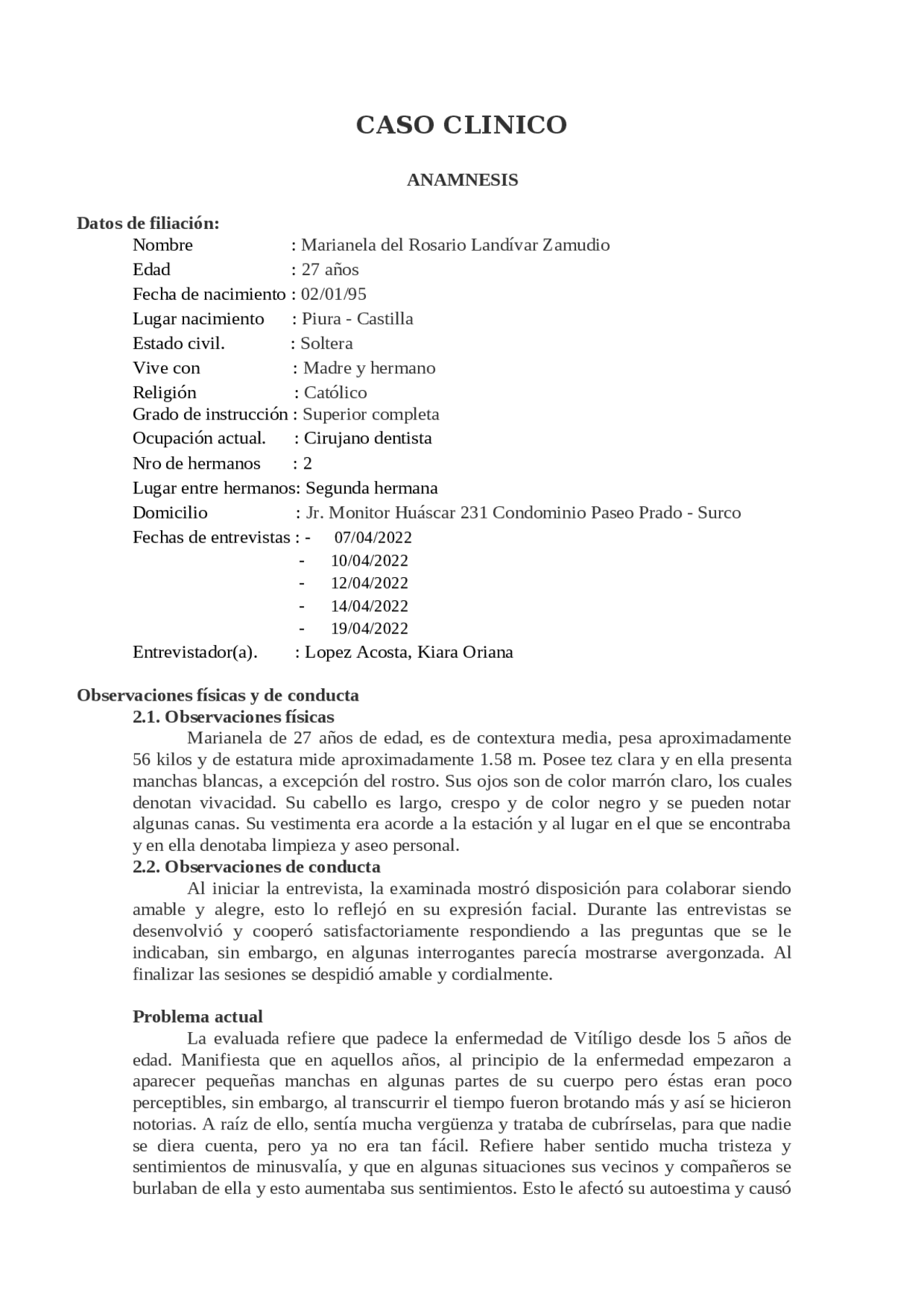 EJEMPLO DE CASO CLINICO | Monografías, Ensayos de Psicología | Docsity